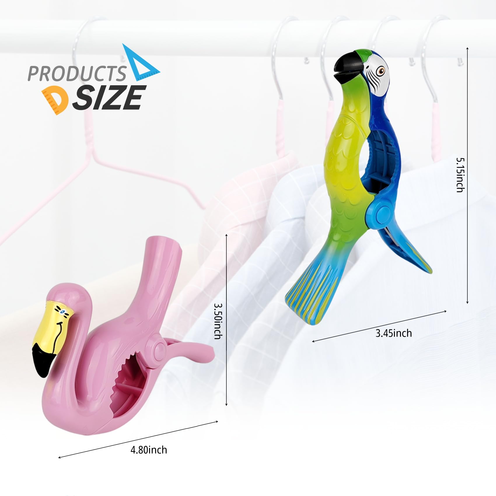 Beach Towel Clips for Chair Secure Clips for Beach Chairs Jumbo Size Plastic Clothes Pegs for Pool Lounger (4Pcs Flamingo and 4Pcs Parrot)
