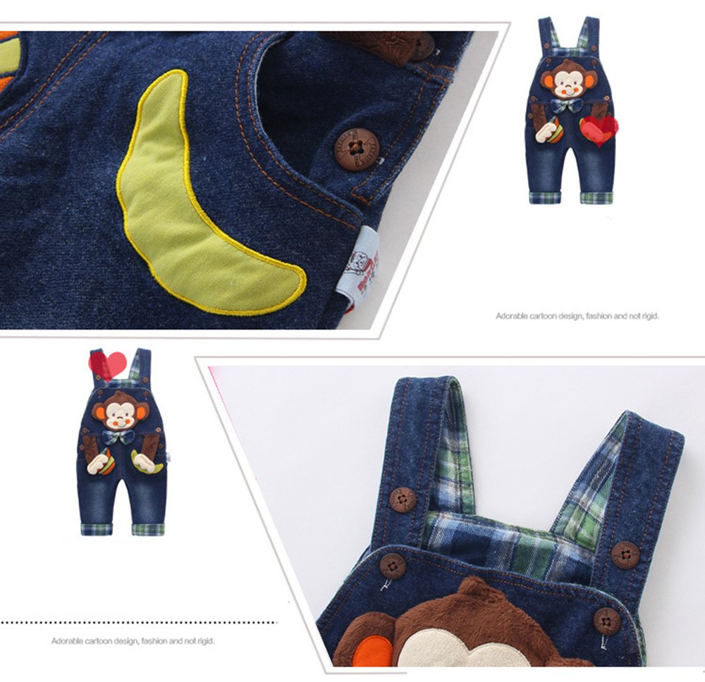 KIDSCOOL SPACE Baby Boy Girl Jean Overalls,Toddler Denim 3D Monkey Dungarees Pants,Blue,18-24 Months