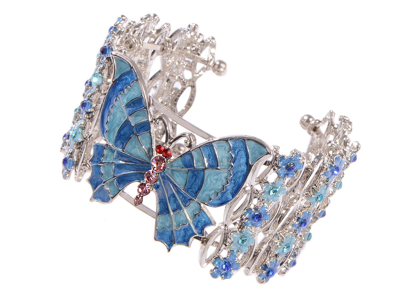 Alilang Silver Tone Blue Enamel Floral Crystal Rhinestone Flower Butterfly Cuff Bangle Bracelet