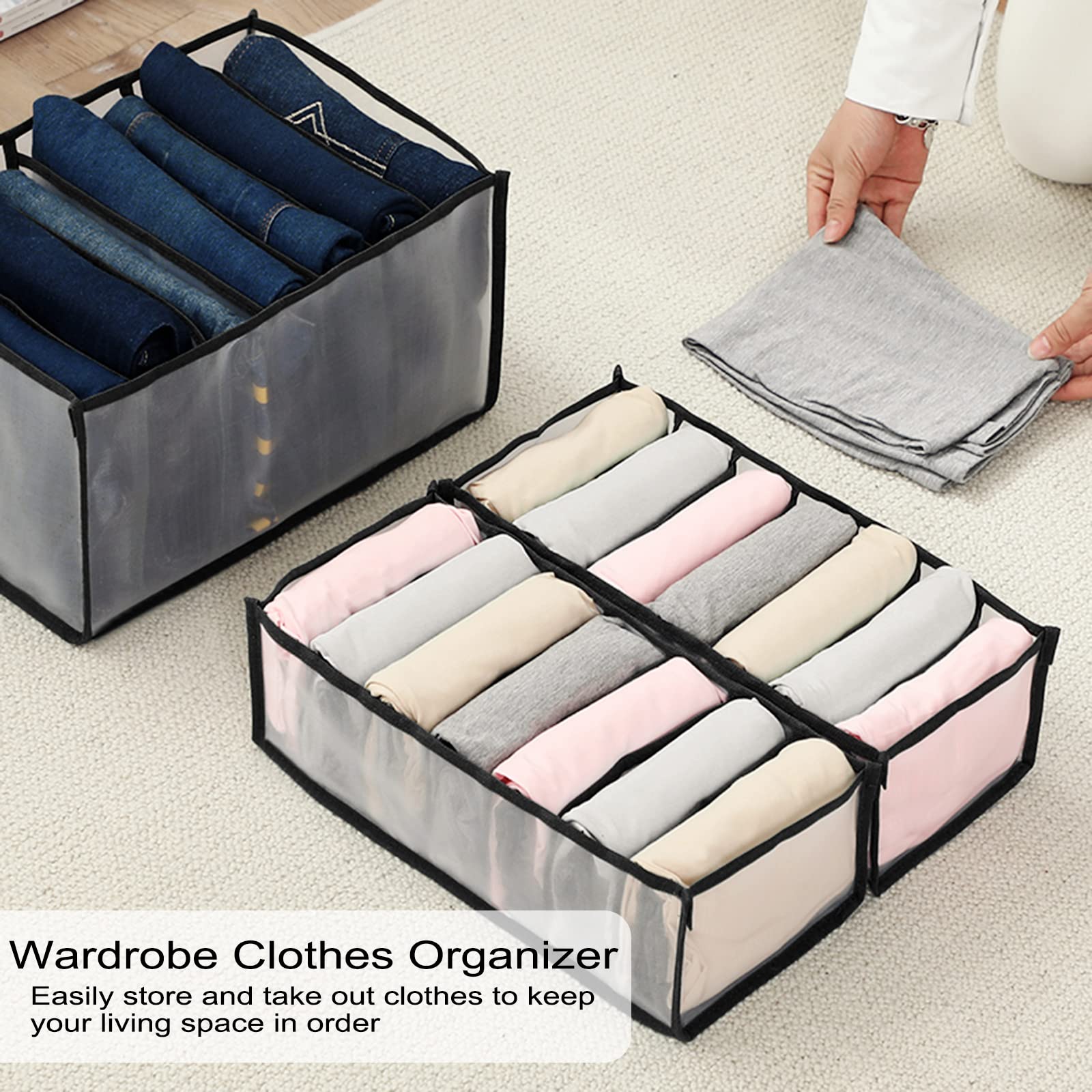 Evankin 2PCS Wardrobe Clothes Organizer - 7-Grid Drawer & Closet Storage Organizer - Nylon Mesh Organizer - Small Size for Leggings, Underwear, Socks (White)