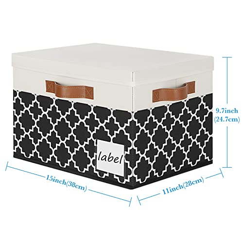 PFFVRP Large Storage Bins with Lids, Foldable Fabric Storage Baskets with Lids, Sturdy Storage Boxes with Labels and 3 PU Handles for Closet Home Bedroom Office (26L, 3 Packs, Black Plaid&White)