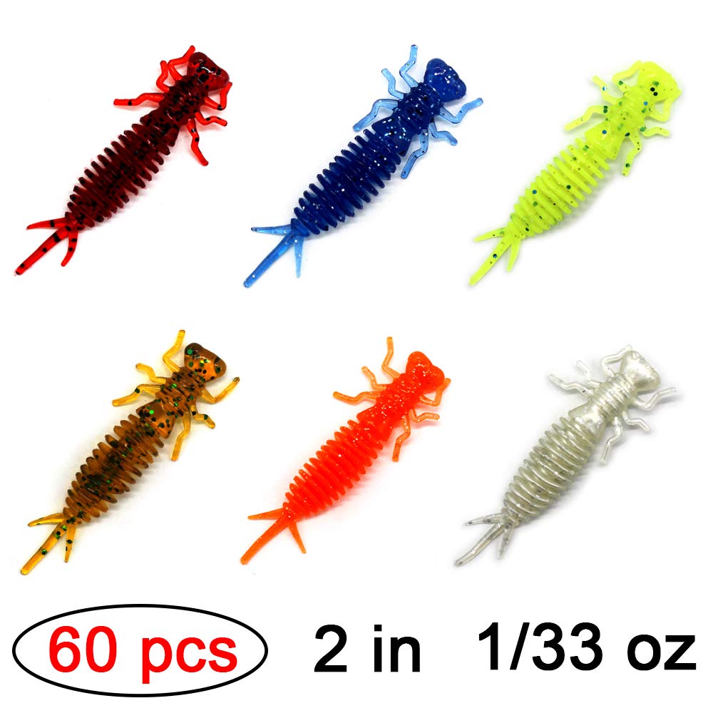 Adygil ADSL109/BRC55 Soft Silicone Lures for Bass, Trout, Crappie, 60pcs/Pack, 6 Colors, 10pcs Each Color.