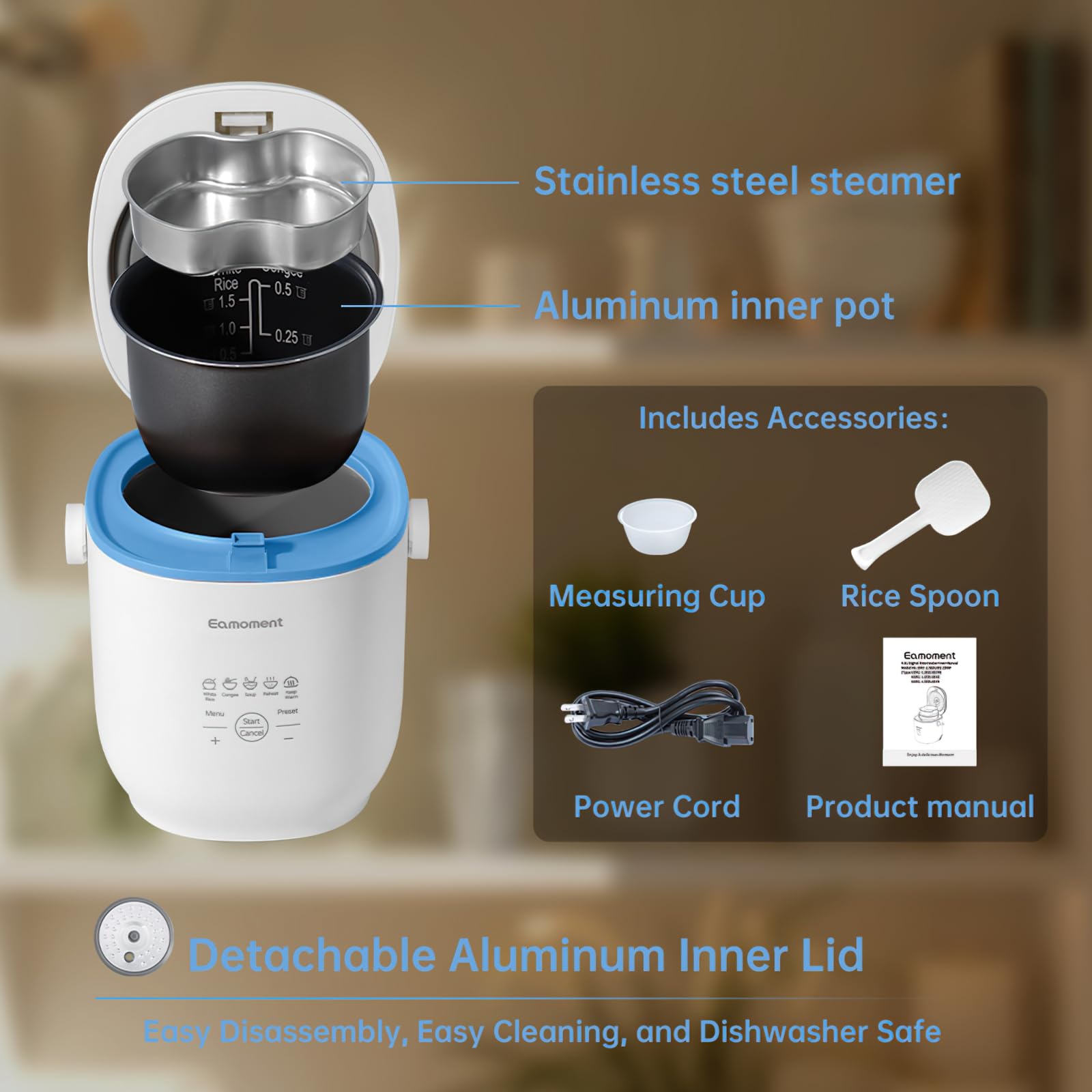 Blue Mini Rice Cooker Small 1 Cup-2 Cup Non-Stick Coated Insert Food Steamer Kitchen Appliances Includes Vegetable Steamer