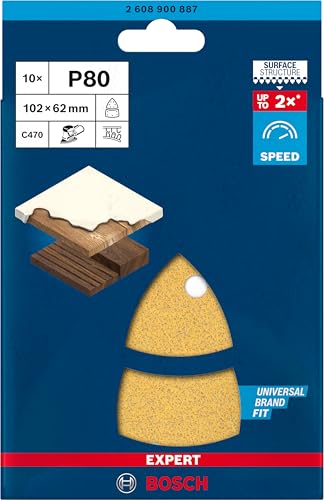 Bosch Professional 10x Expert C470 Sandpaper (for Hardwood, Paint on Wood, 102x62, 93 mm, Grit 80, Accessories Multi Sander)