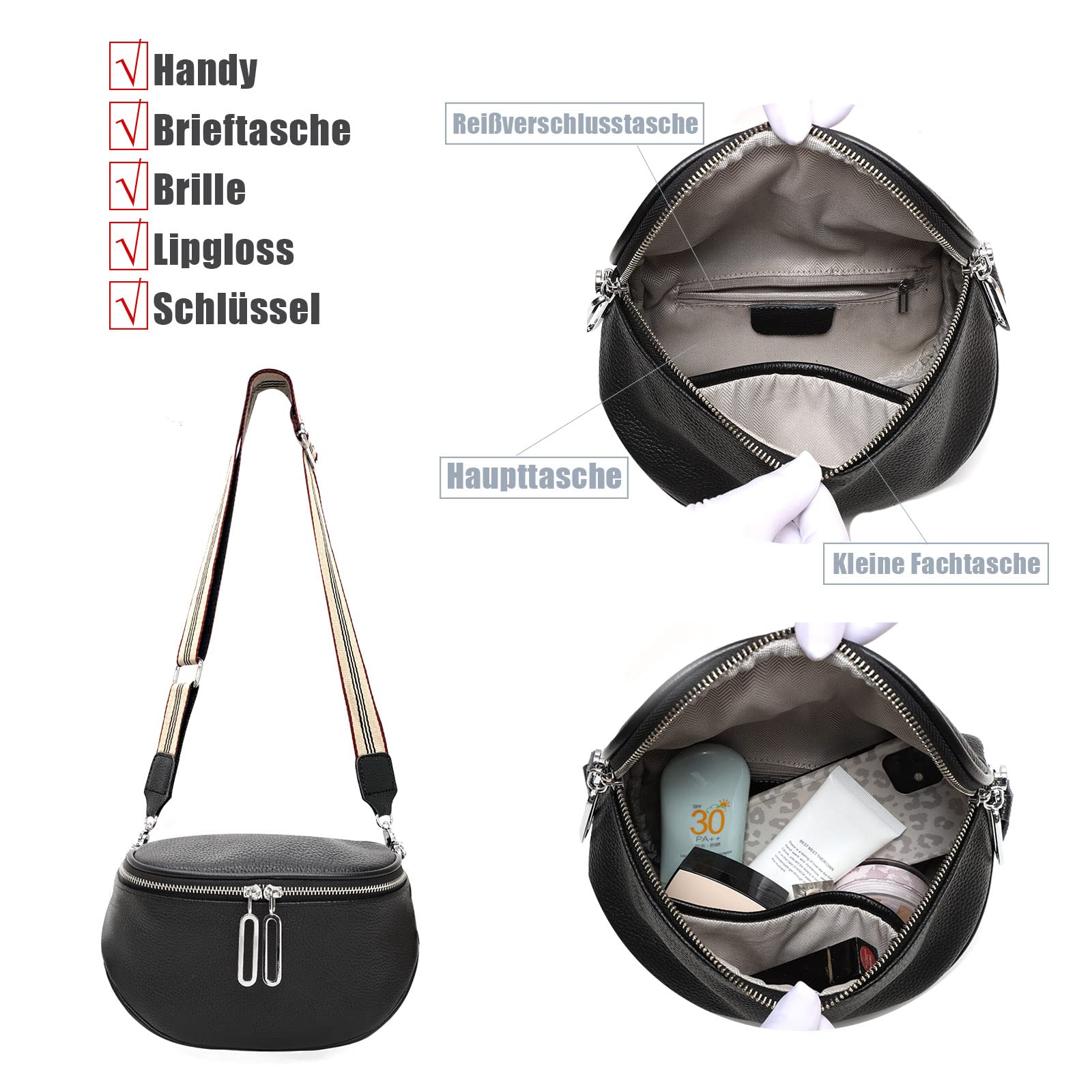 Fibrdoo Leather Crossbody Bag for Women, Elegant Shoulder Bag with Removable Strap Mobile Phone Purse, Leather Saddle Bag, Black