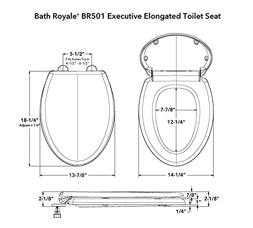 Bath Royale Slow Close Toilet Seat BR501-00 White Elongated, Stain-Resistant and Easy to Keep Clean, Heavy Duty Fits All Toilet Brands, Executive Series