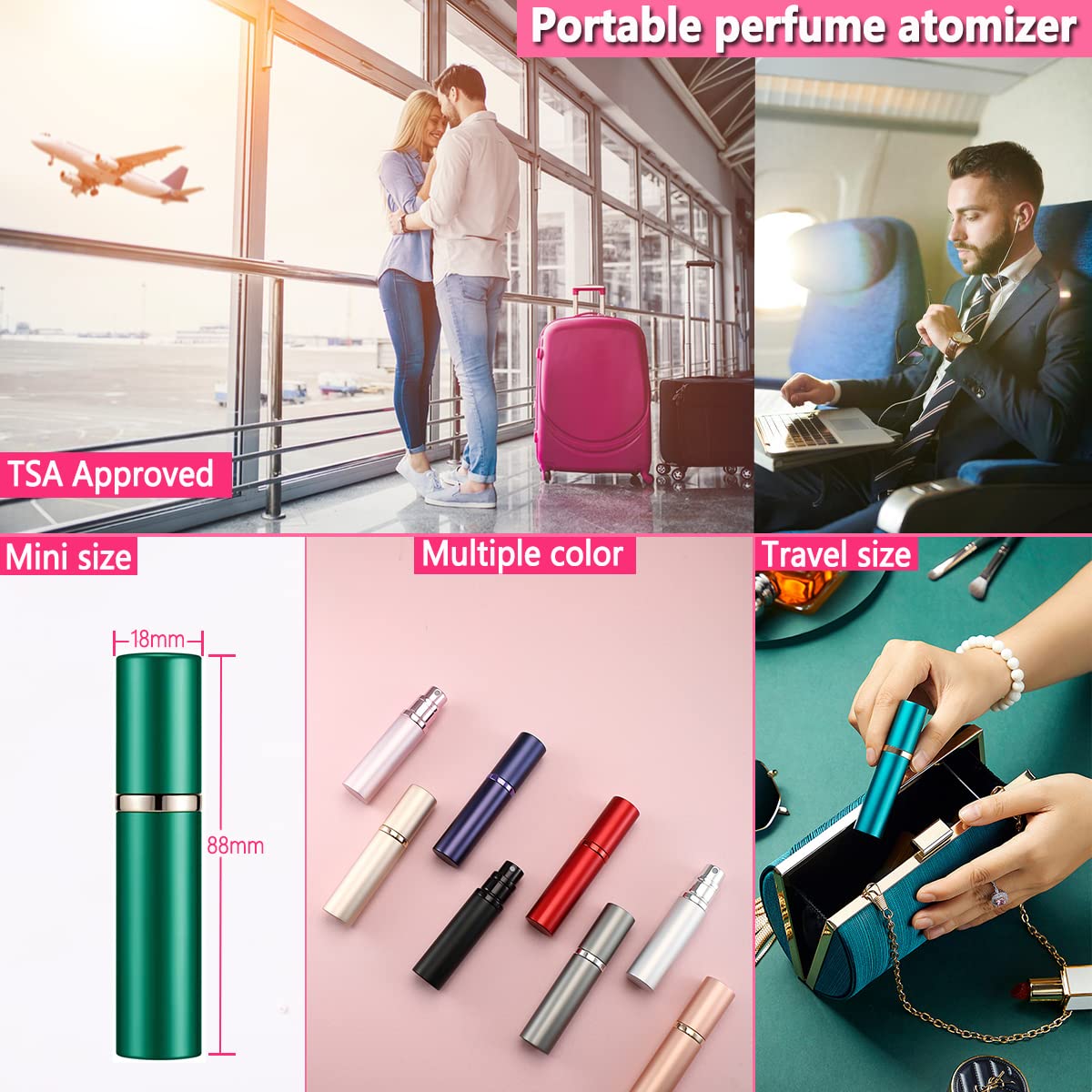 ANTOKX Travel Perfume Bottle Refillable Atomizer - 5ML Perfume Atomiser, Pocket Perfume Dispenser, Scent Pump Case, Leakproof Portable Perfume Sprayer for Women and Men (Pink)