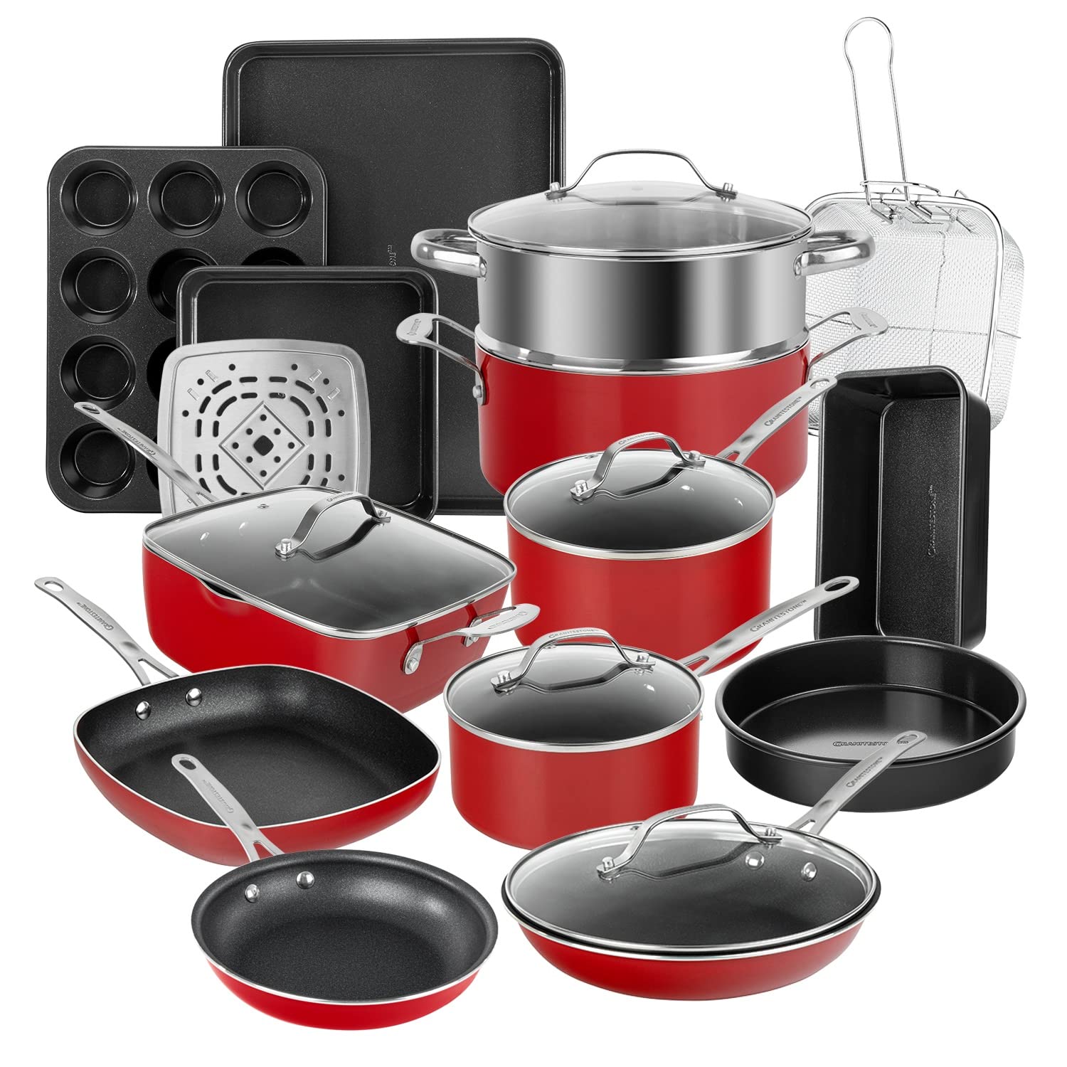 Granitestone Red Pots and Pans Set Nonstick, 20 Pc Kitchen Cookware Set & Bakeware Set with Mineral & Diamond Coating, Long Lasting Nonstick, Ultra Durable, Oven and Dishwasher Safe, 100% Toxin Free