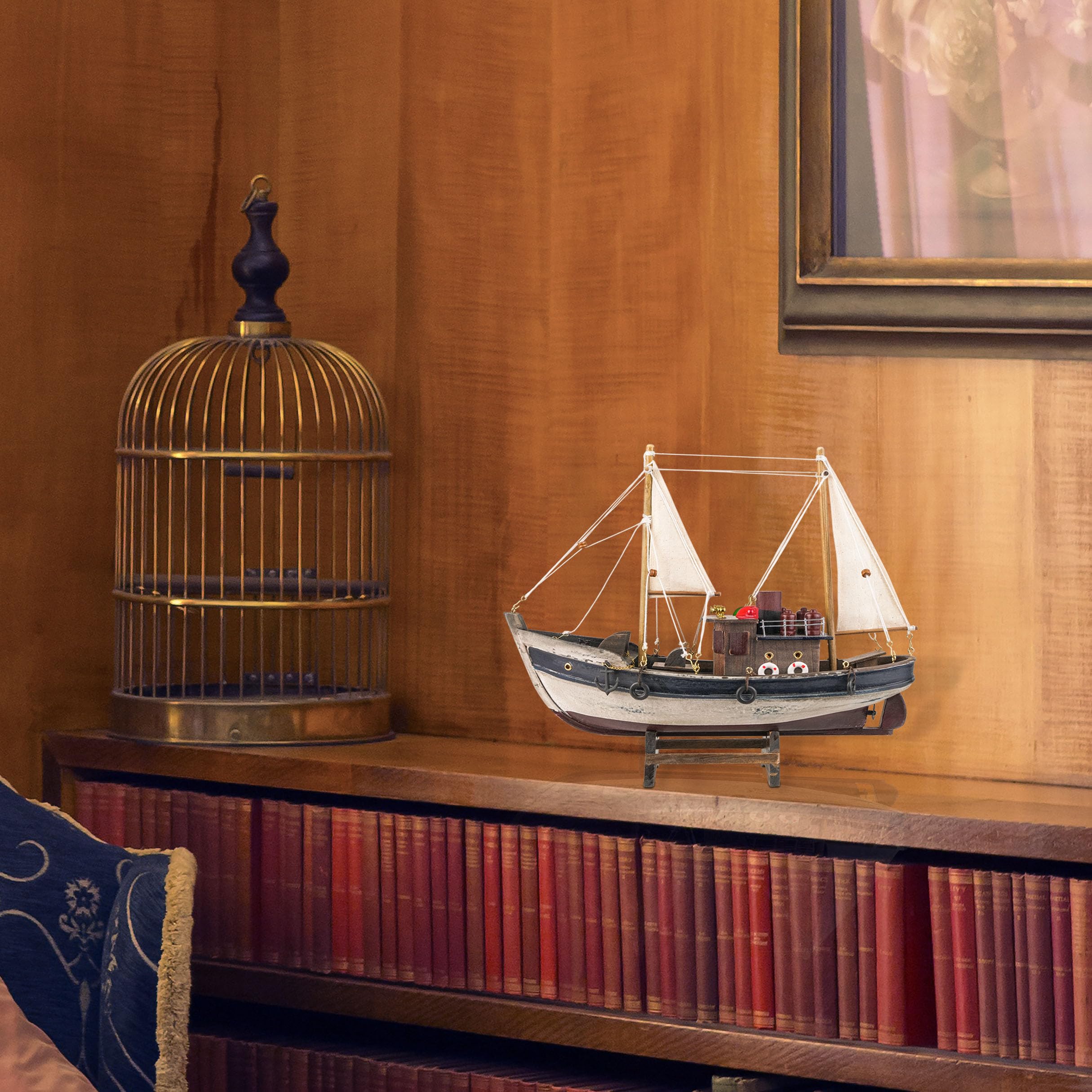 SAILINGSTORY Wooden Fishing Boat Model Sailboat Decor Ship Model Distressed Finish