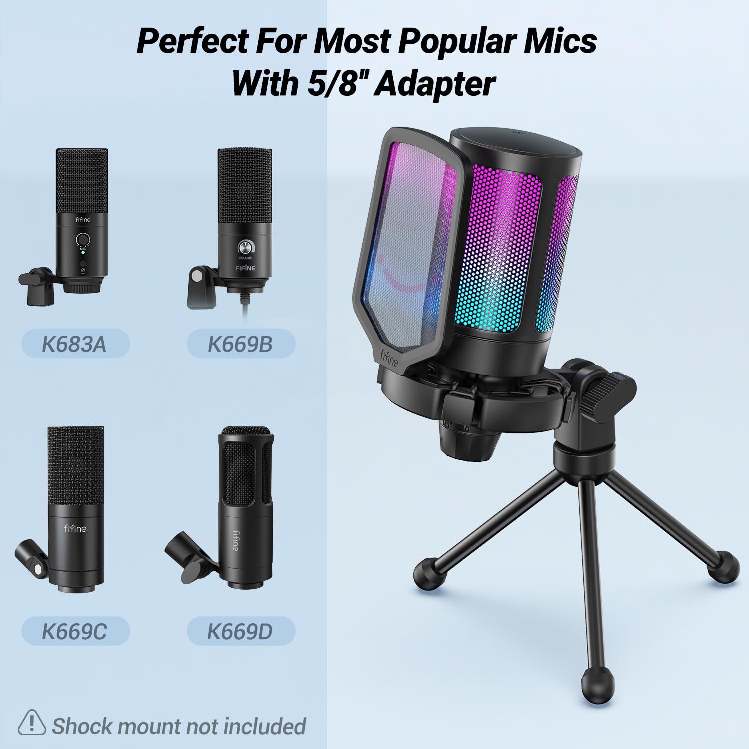 FIFINE Tripod Stand for Desktop Microphone with Non-slip Rubber Feet, Sturdy Metal Construction, Foldable Desk Mic Stand for Gaming, Podcasting, Meetings, Chatting