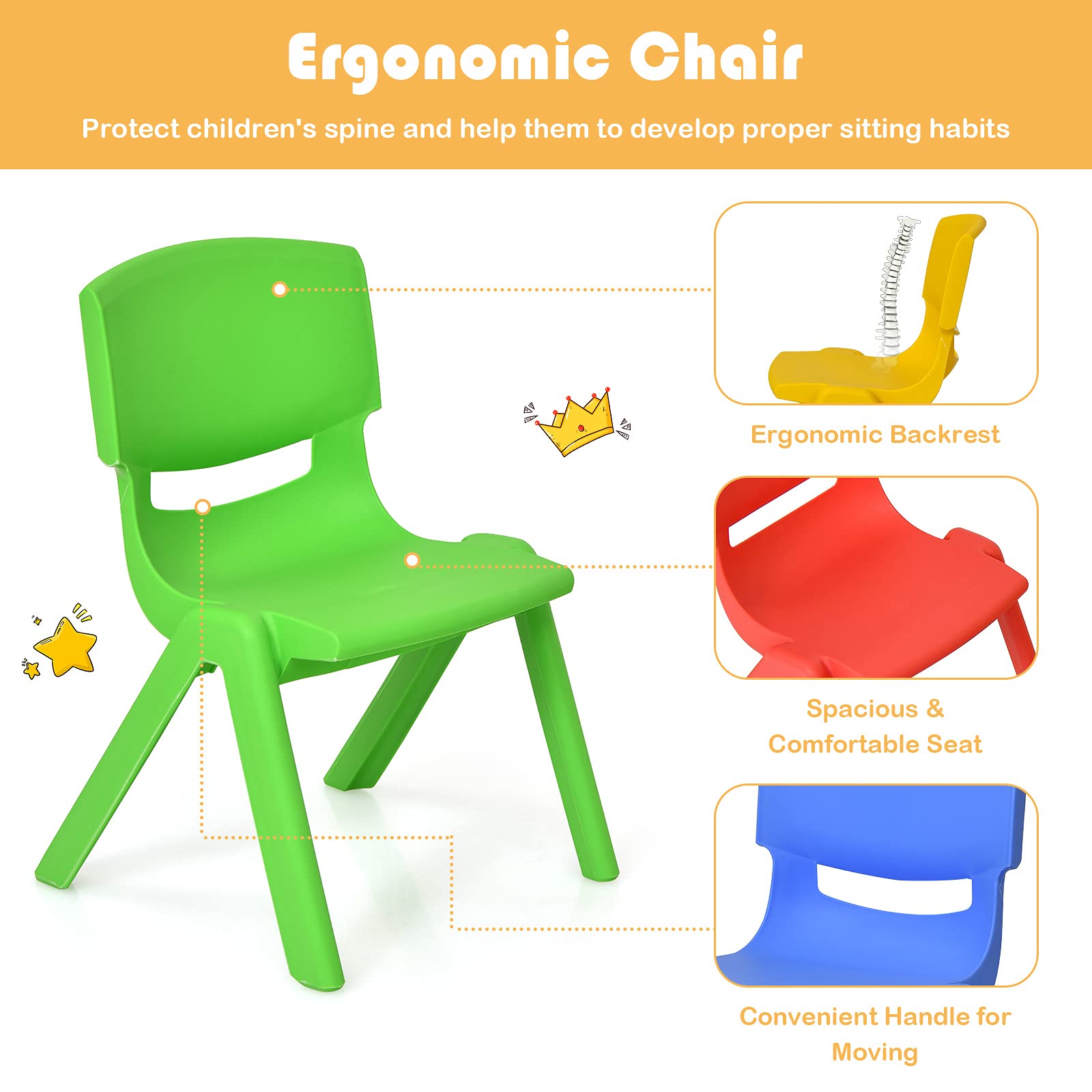 Costzon Kids Chairs, Stackable Plastic Learn and Play Chair for School Home Play Room, Colorful Chairs for Toddlers, Boys, Girls (Multicolor, 4 Chairs)