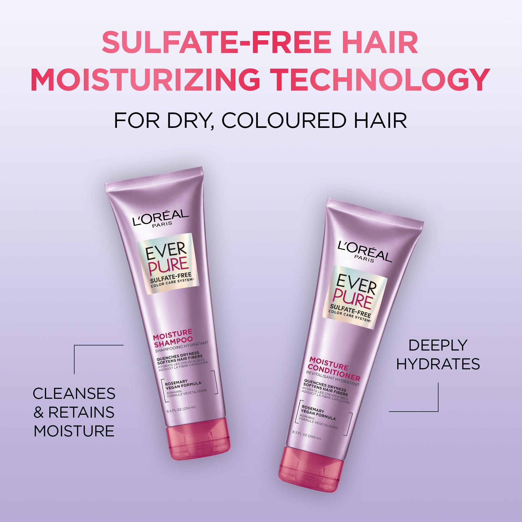 L’Oréal Paris Moisture Sulfate Free Shampoo, Hair Care for Color-Treated Hair with Rosemary Botanicals, EverPure, 8.5 Fl Oz
