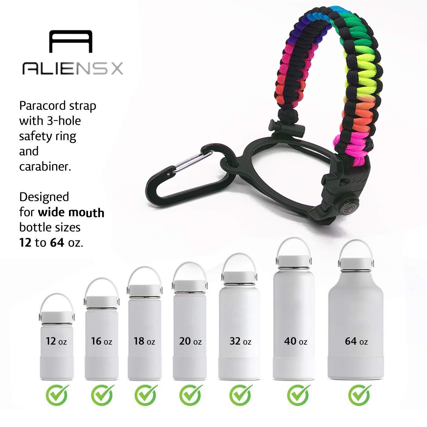 ALIENSX #1 Paracord Handle - Fits Wide Mouth Water Bottles 12oz - 64oz, Durable Carrier Survival Strap Cord with Safety Ring and Carabiner - Ideal Water Bottle Handle Strap