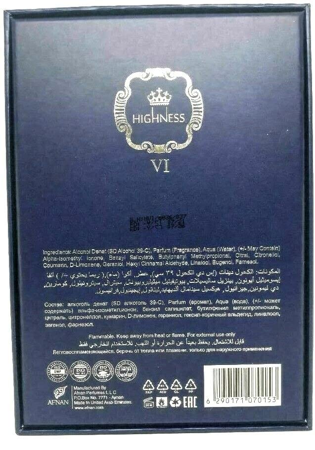 Afnan Highness VI Blue for Men Eau De Parfum Spray, 3.4 Ounce