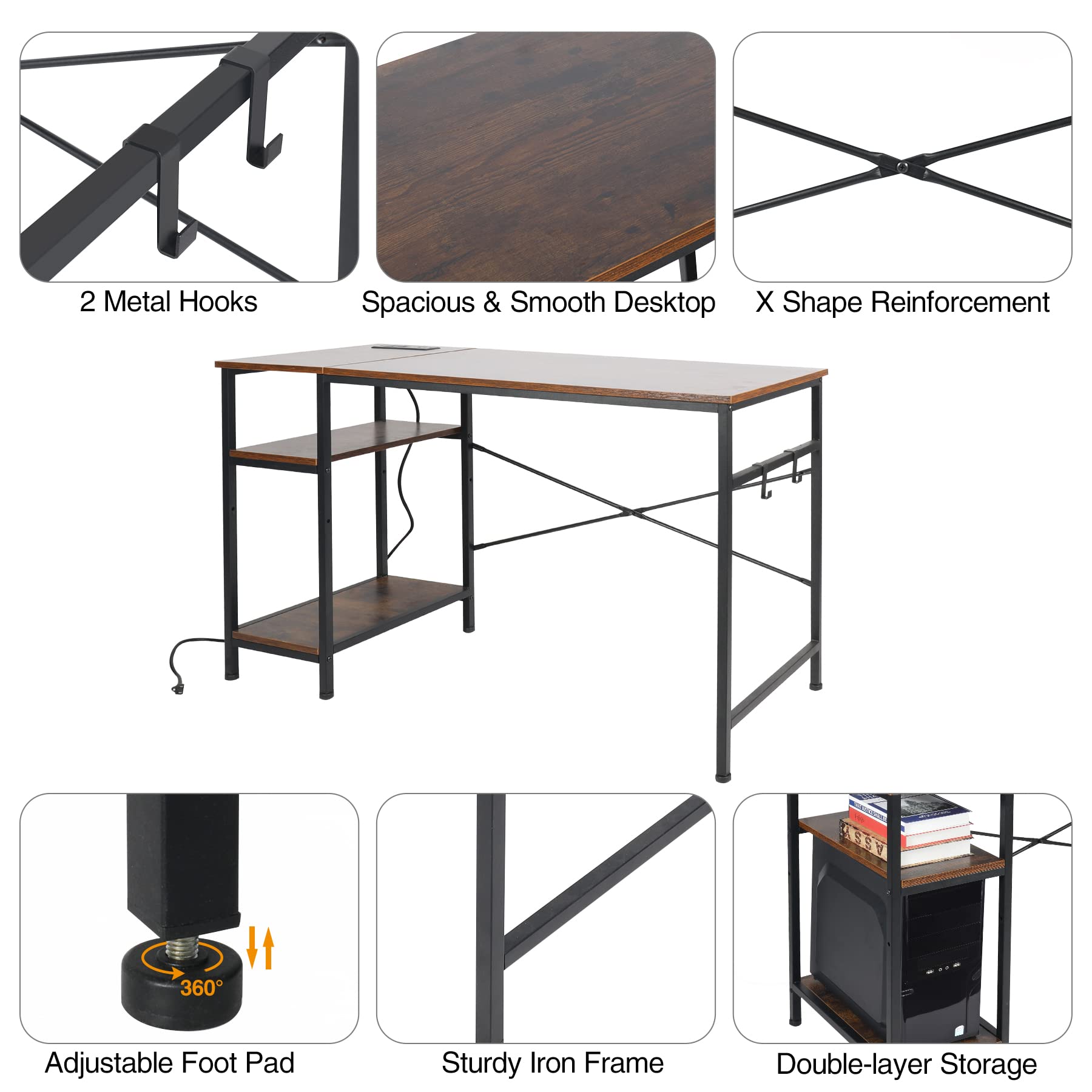 AKVOMBI 47 Inch Computer Desk with Adjustable Shelves & Power Outlet, Small Writing Desk for Small Spaces, Industrial Home Office Desk with USB Port, 2 Hooks, Rustic Brown