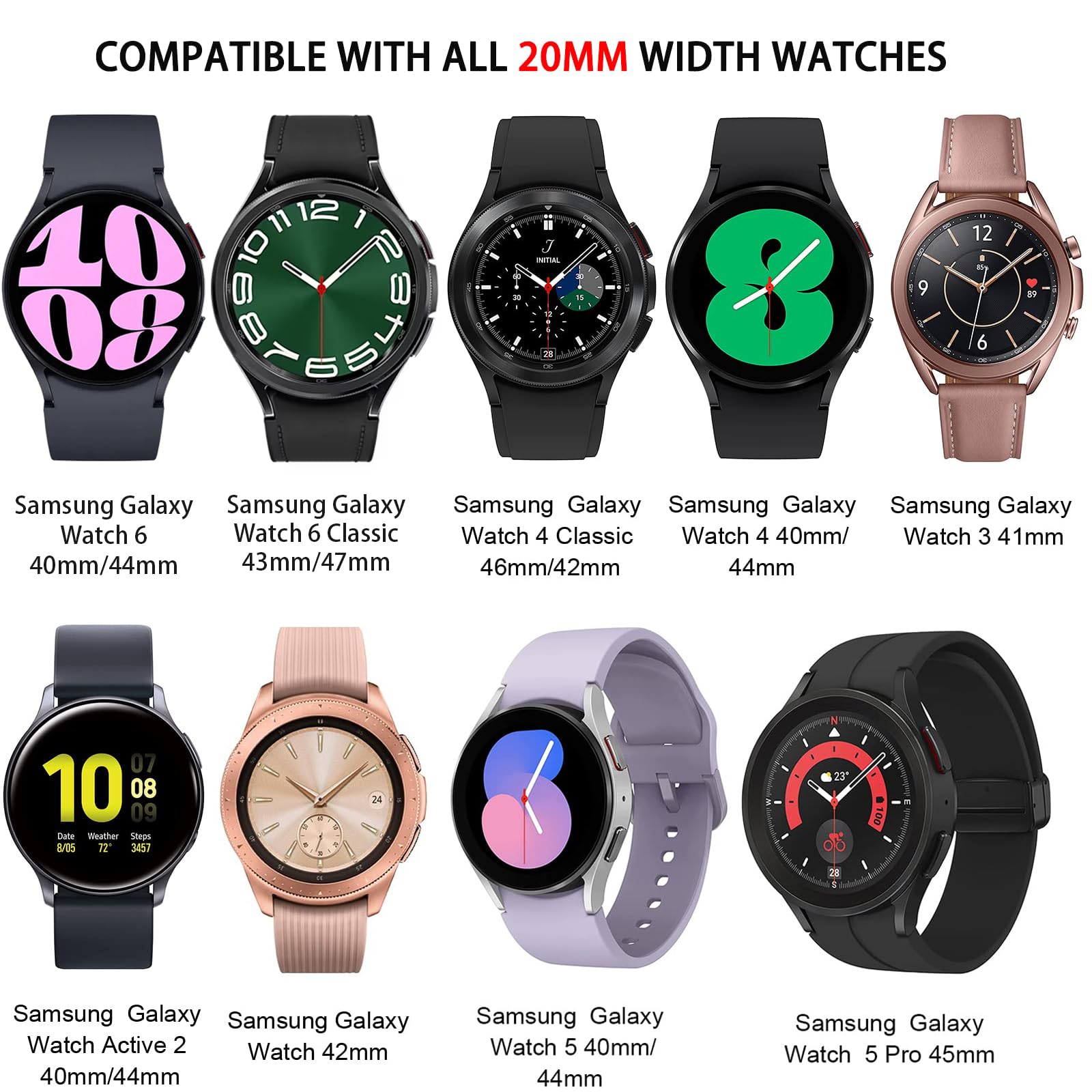 Charlam 6 Pack Stretchy Bands Compatible with Samsung Galaxy Watch 7 6 5 4 40mm 44mm Band,Galaxy 5 Pro 45mm, Galaxy Watch 6 4 Classic Band, Acitve 2/Galaxy Watch 3 41mm,20mm Sport Elastic Nylon Band,D