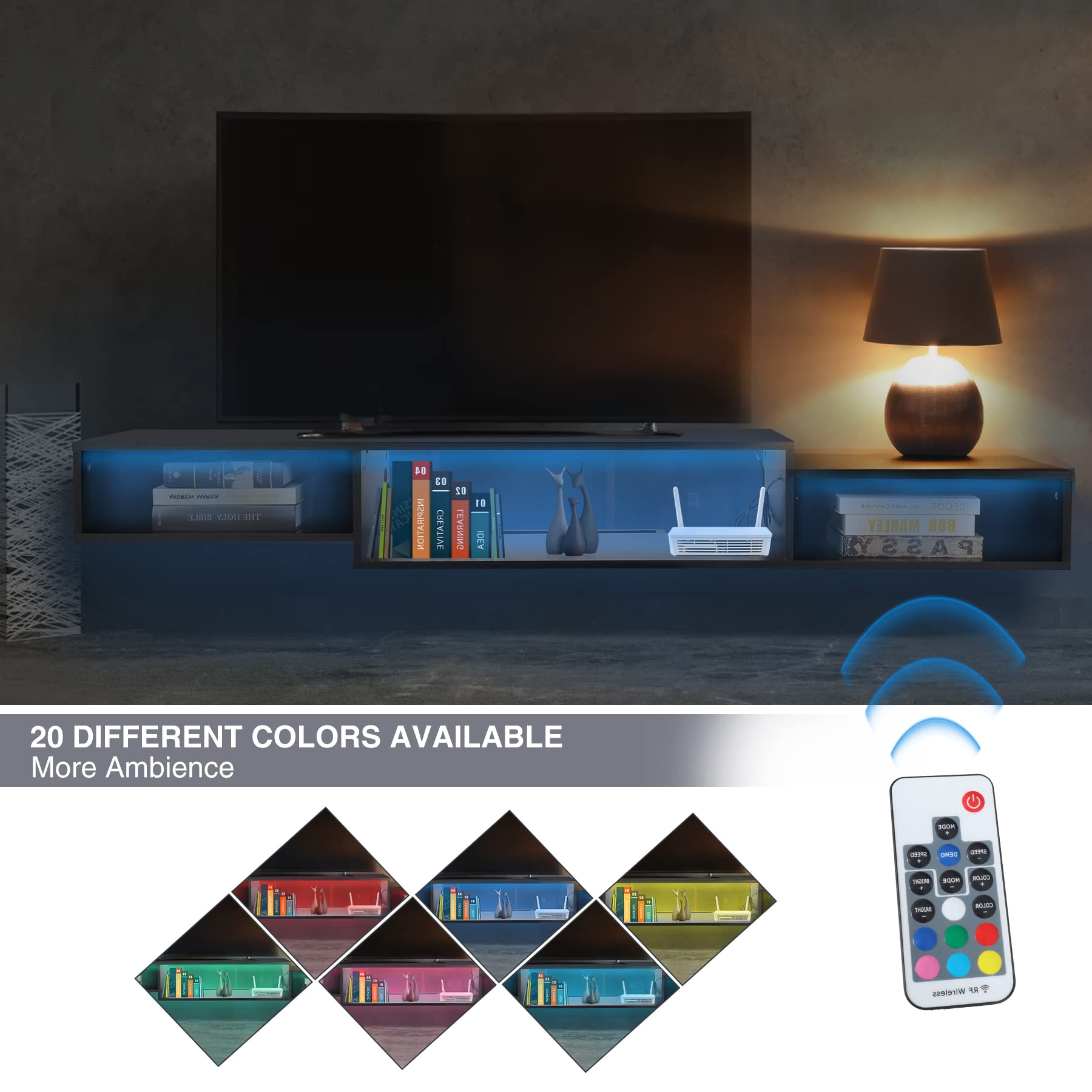 AKVOMBI 71" Floating TV Stand Wall Mounted, Floating Wall Shelf with Led Lights and Power Outlet, Floating Wall Media Console for Living Room Bedroom, Brown