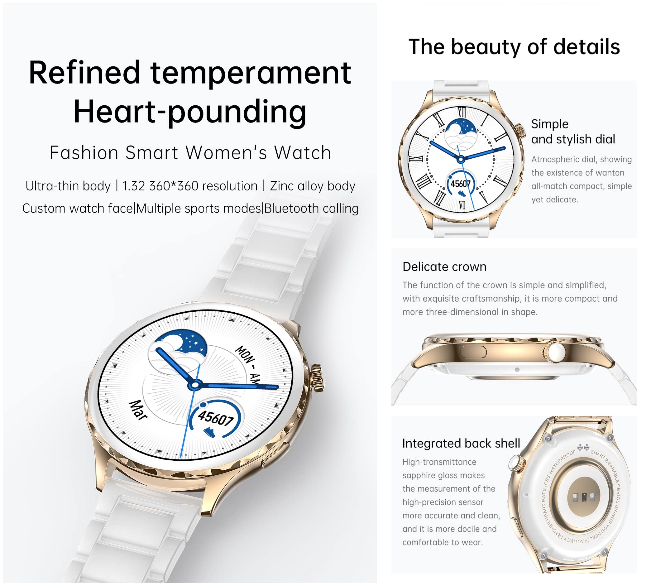 Aliwisdom Smart Watch for Women, 1.32" Round HD Screen Smartwatch waterproof Fitness Tracker Sport Watch Ceramic strap White for iPhone Android with Bluetooth Phone Call and Text Messaging (Rose Gold)