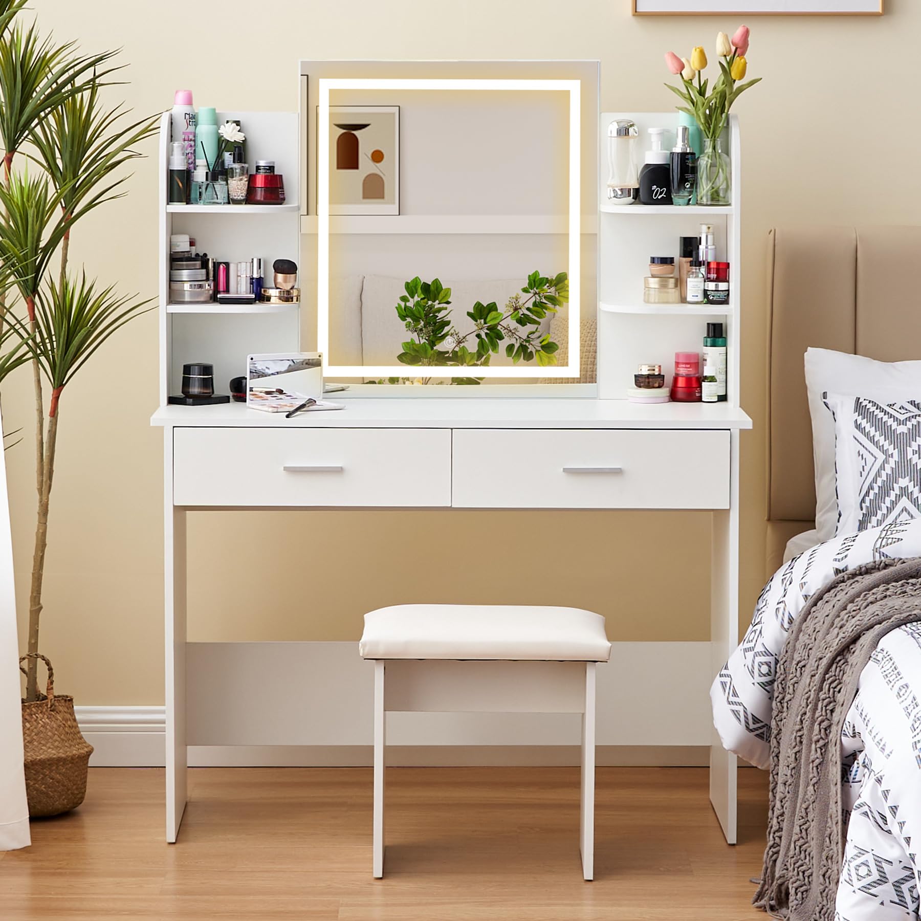 AKVOMBI Corner Vanity Desk with Lighted Mirror, Makeup Vanity with 5 Rotating Drawers, Dressing Table and Chair,3-Fold Mirror, Adjustable Brightness, White 43β L