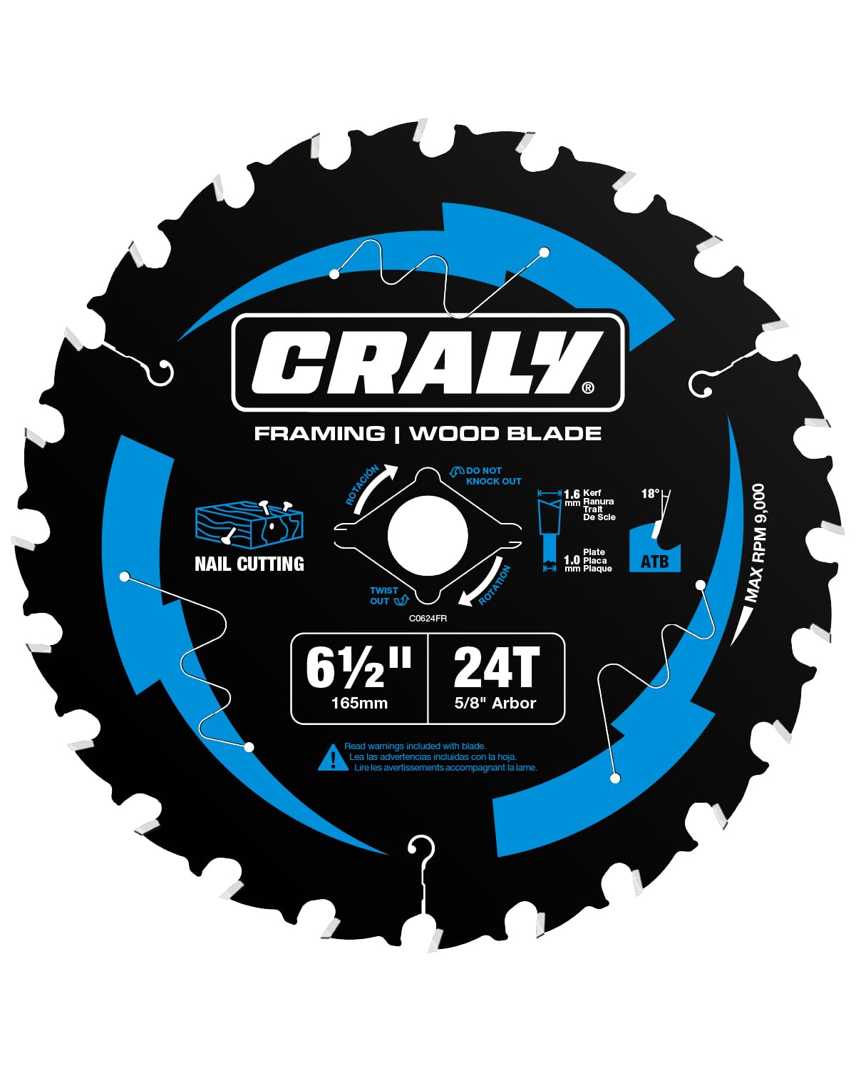 CRALY 6-1/2 Inch 24 Teeth Wood Cutting Framing Circular Saw Blade, 5/8 Inch Arbor, Carbide Tipped, Thin Kerf, Black Ice Coating, for Plywood, MDF, OSB, Laminated(C0624FR)