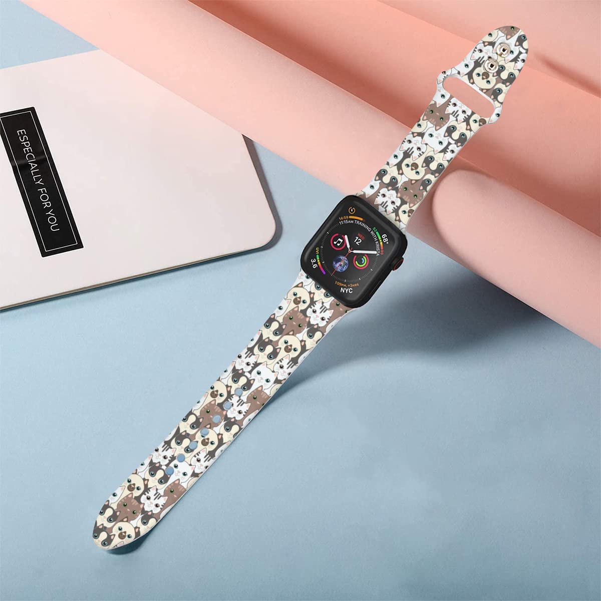Cute Cat Watch Bands Compatible with Apple Watch 42mm/44mm/45mm For Women Men, Adjustable Smart Watch Band Soft Silicone Wristbands Replacment Strap For Watch Series 7 6 5 4 3 2 1