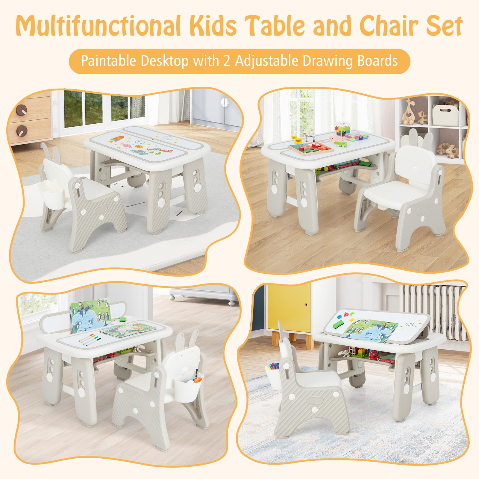 Costzon Kids Table and Chair Set, Graffiti Activity Table w/Flip-Top Tabletop Bookshelf, Erasable Magnetic Drawing Board, Storage, Adjustable Height for Drawing, Toddlers Art Table & Chair (Gray)