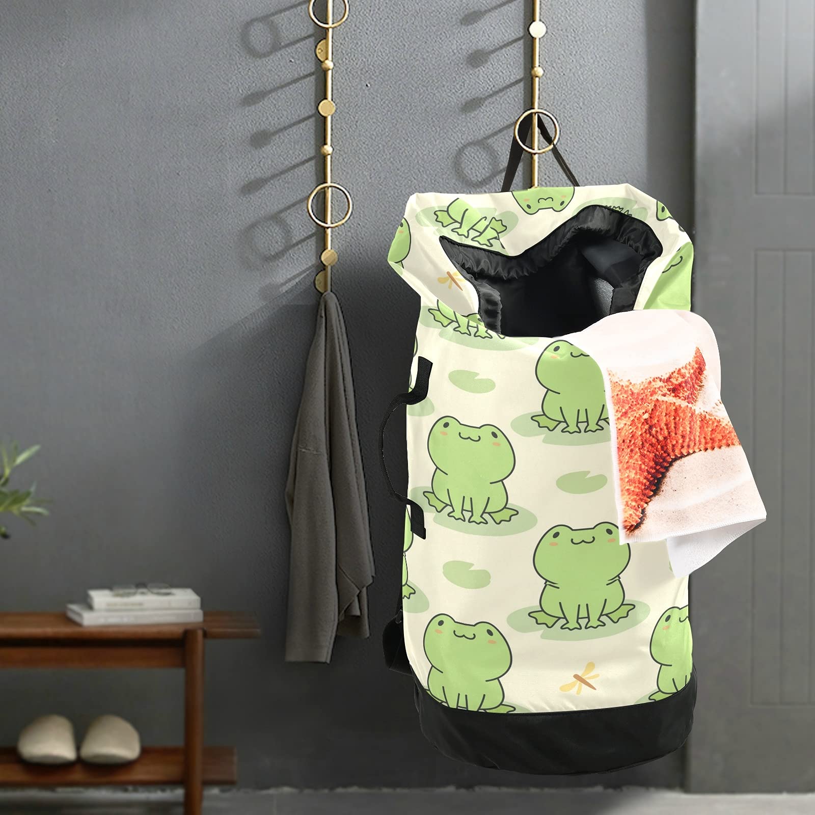 Cute Frog Laundry Backpack Large Heavy Duty Laundry Bag for College Students Laundry bag with Shoulder Straps Dirty Clothes Organizer for Traveling Waterproof