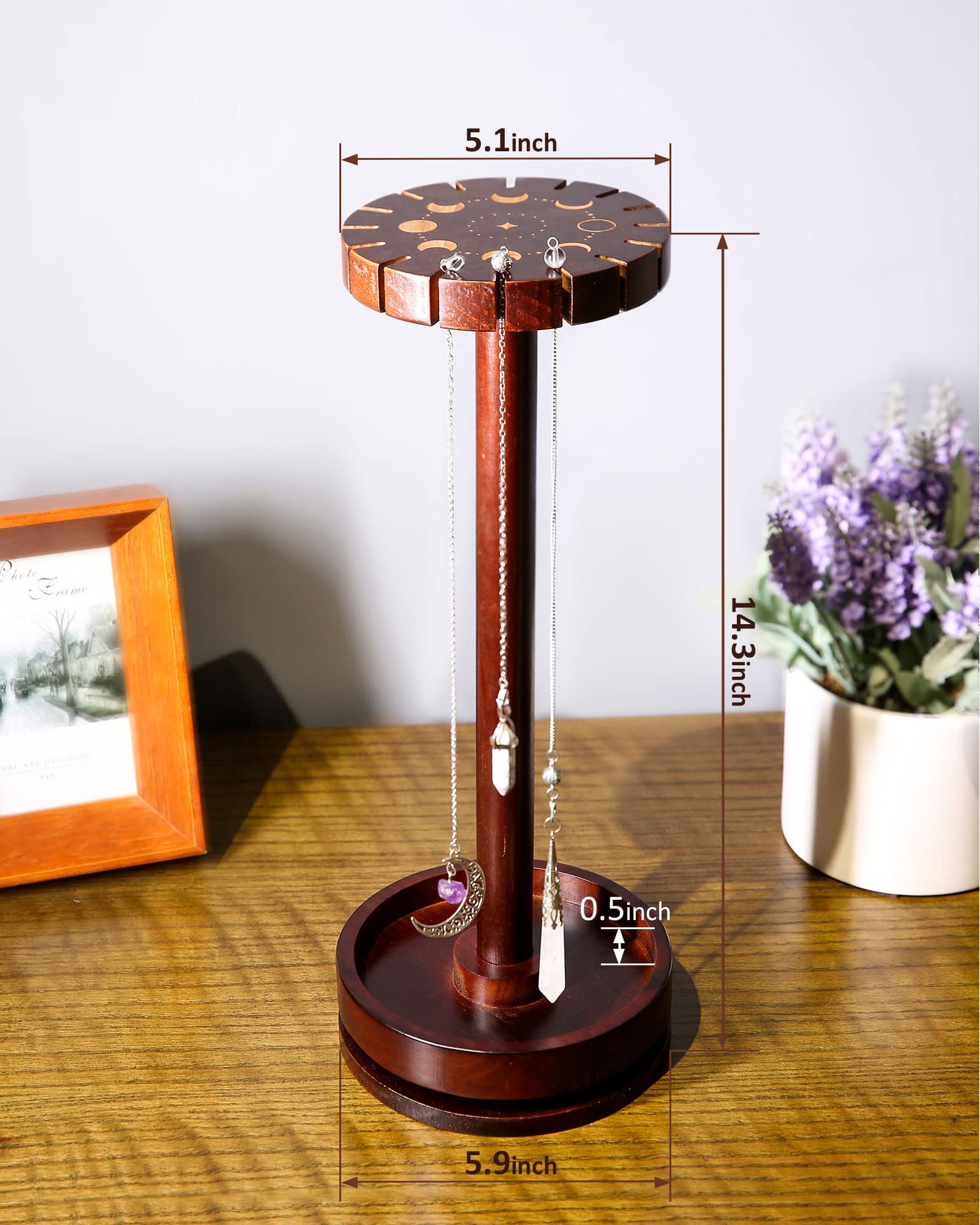 Ceiner Moon Phase Pendulum Display Stand with Tray, Wood Wiccan Rotating Crystal Holder for Up 16 Divination Dowsing Pendulums, Witch Organizer for Necklace Healing Stone Gift Rack