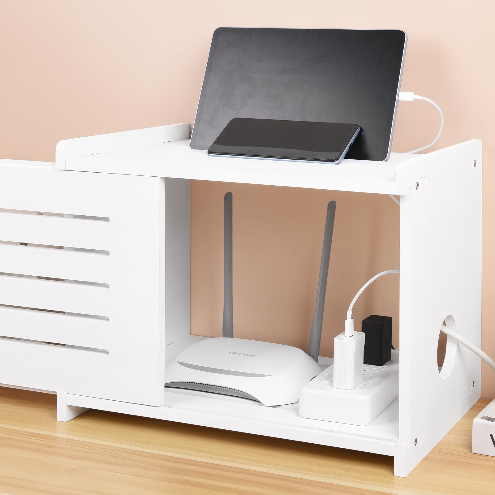 BEARUT Router Shelf Projector Shelf Projector Stand Router Storage Box Modem Cable Router Cover Organized Power Strip Cable Management Hider Rack By Solid Wood Need Assembly WT