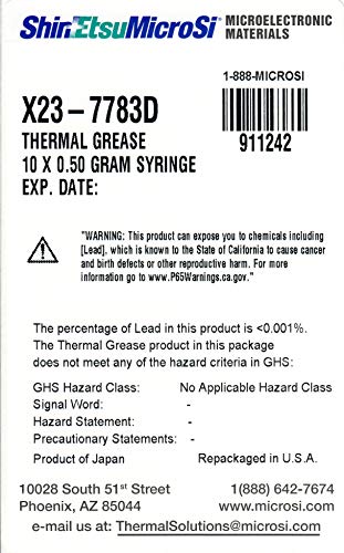 X23-7783D, Direct from Manufacturer, Shin-Etsu MicroSi Genuine High Performance Silicone Thermal Grease, Ten 0.5 gm Syringes (10x0.5 gm), with Lot #, Exp. Date