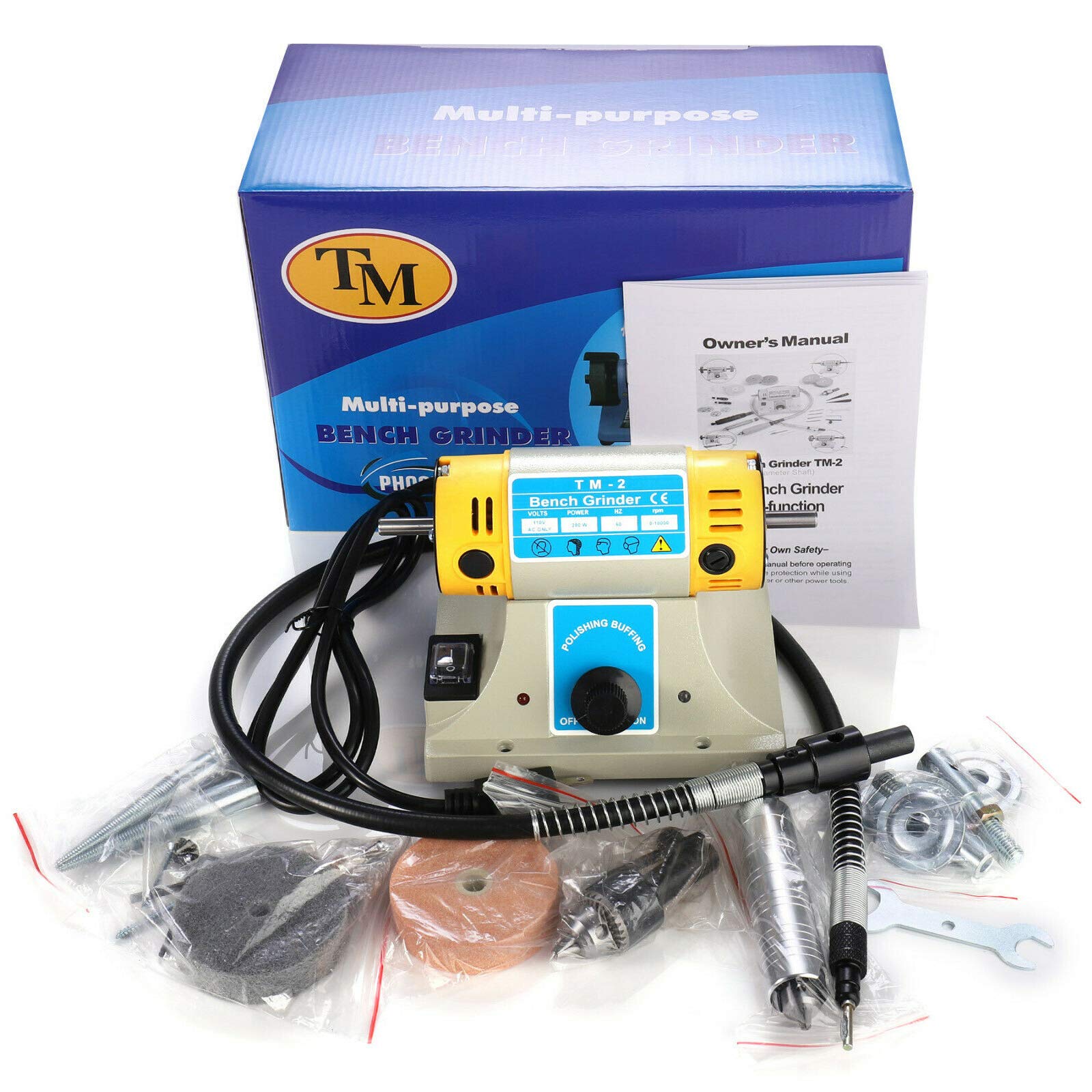Electric Bench Buffer Polisher, 350W Mini Jewelry Rock Polishing Grinding Buffing Benchtop Tool Kits, Variable Speed 0~10000 RPM, DIY Rock Gem Jade