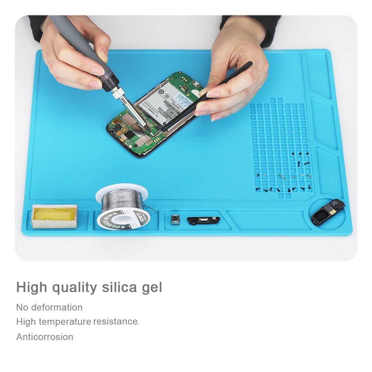 XOOL Heat Resistant Soldering Mat - Blue Magnetic Silicone Work Mat with Scale Ruler and Screw Position, Silicone Soldering Repair Mat for Soldering, Phone, Laptop, Tablet, Watch Repair(13.7''×9.76'')