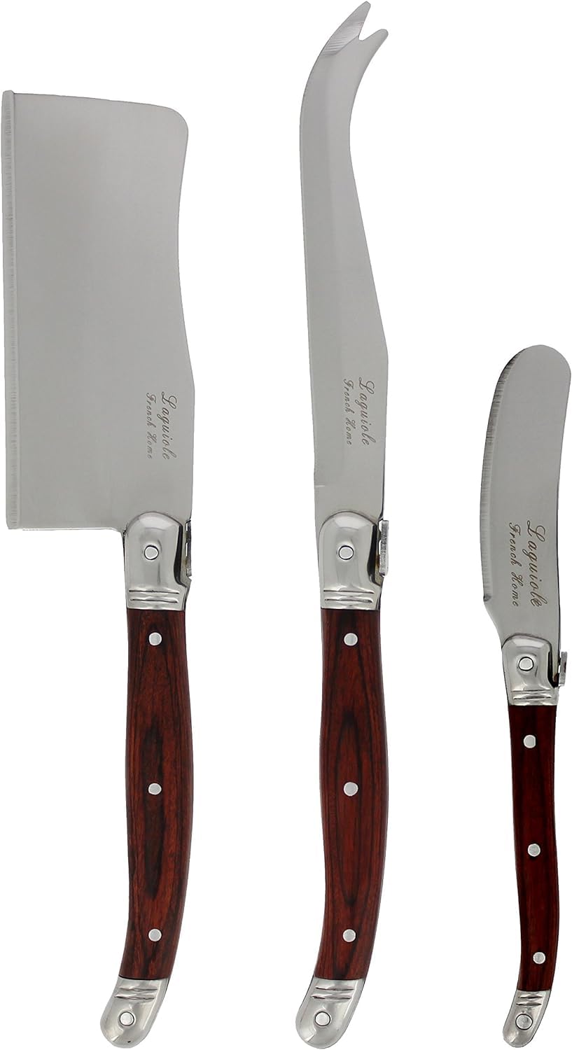 Laguiole Cheese Knife Set of 3 – Charcuterie Accessories w/Pakkawood Handles – Includes 6.25" Cheese Spreader, 9.25" Spear & 8.5" Cleaver Knife