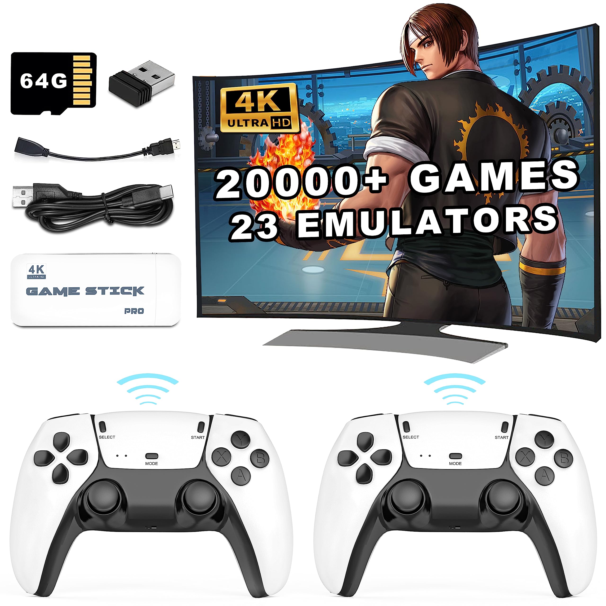 AFU Wireless Retro Game Stick - 20000+ Games, HD Output System Built in 23 Emulators Plug and Play Video Game Consoles with 2.4G Wireless Controllers,64GB TF Card for Gamers of All Ages, White