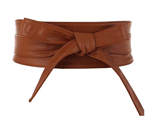 Aecibzo Women's PU Leather Self Tie Wrap Around Obi Waist Band Cinch Boho Belt (Brown, Fit waist 22β-34.5β)