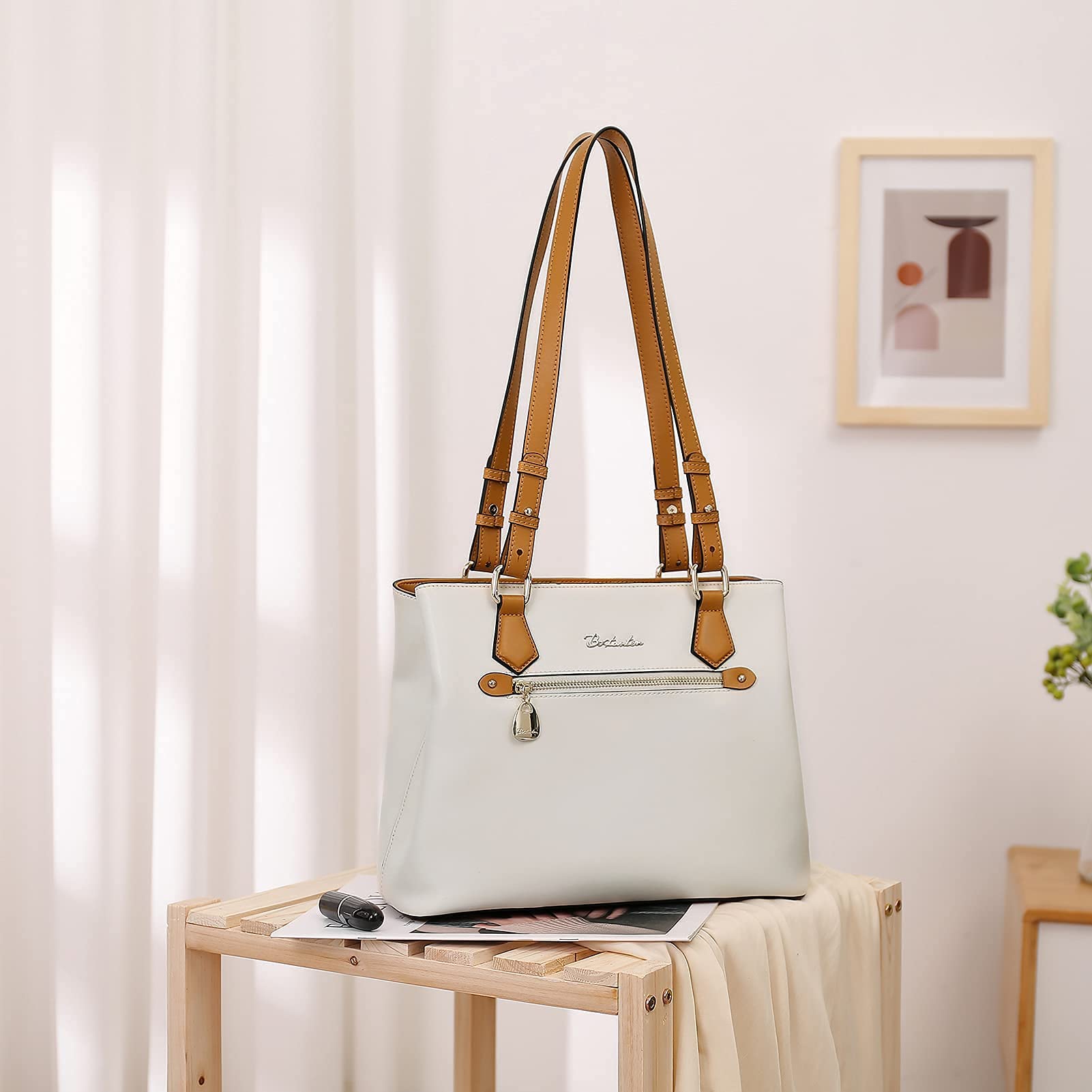 BOSTANTEN Women Handbag Genuine Leather Soft Designer Top Handle Purses Bundle with Women Leather Wallet RFID Blocking Small Bifold Wallet with ID Window