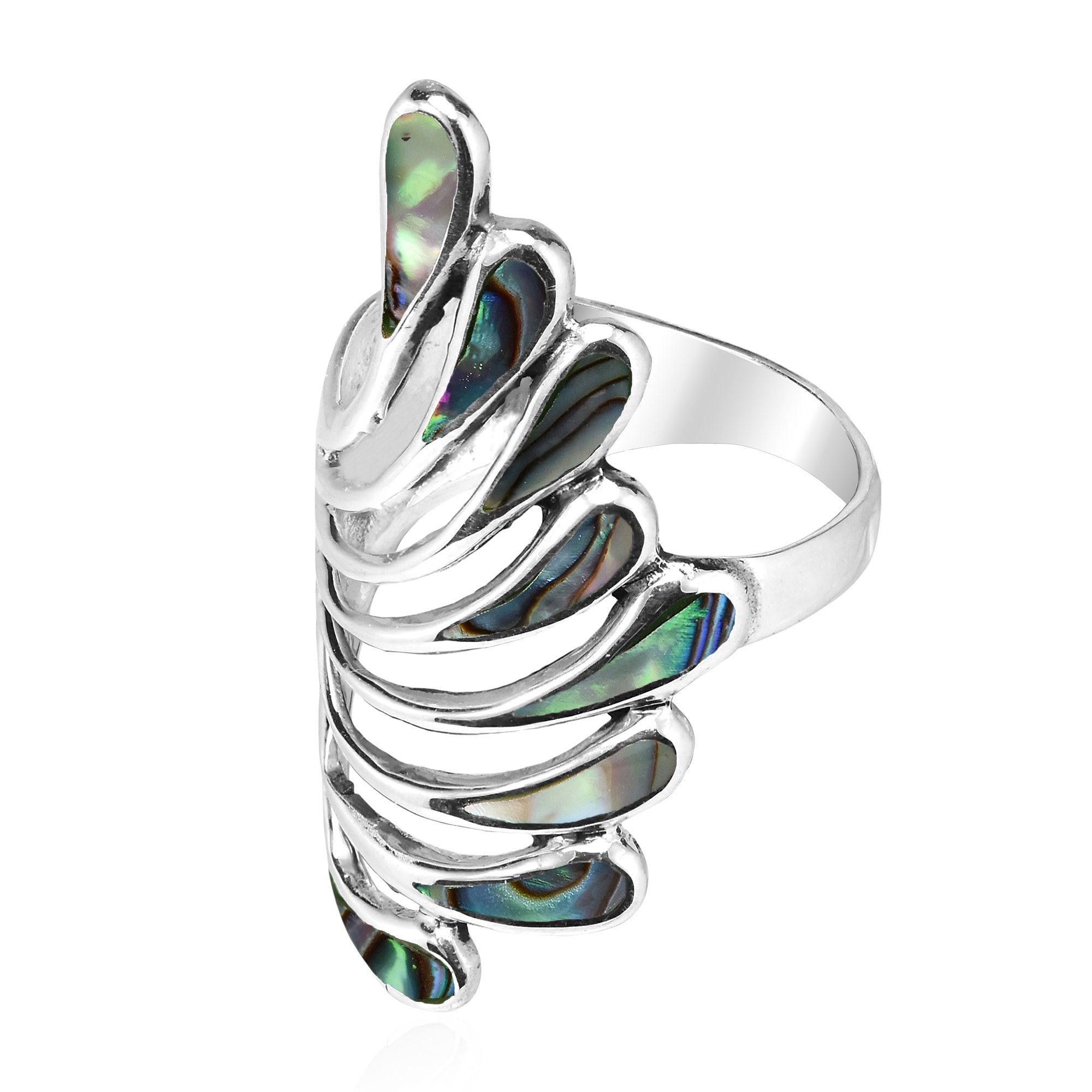 AeraVida Brilliant Peacock Feathers with Abalone Shell Inlays .925 Sterling Silver Ring (8)