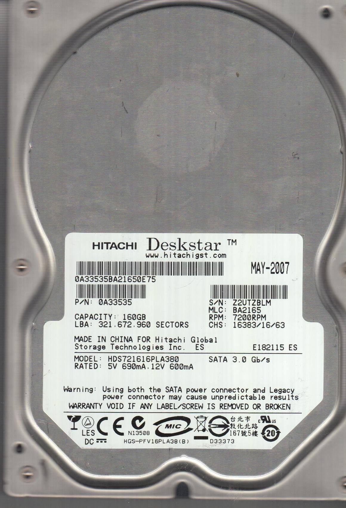 HDS721616PLA380, PN 0A33535, MLC BA2165, Hitachi 160GB SATA 3.5 Hard Drive