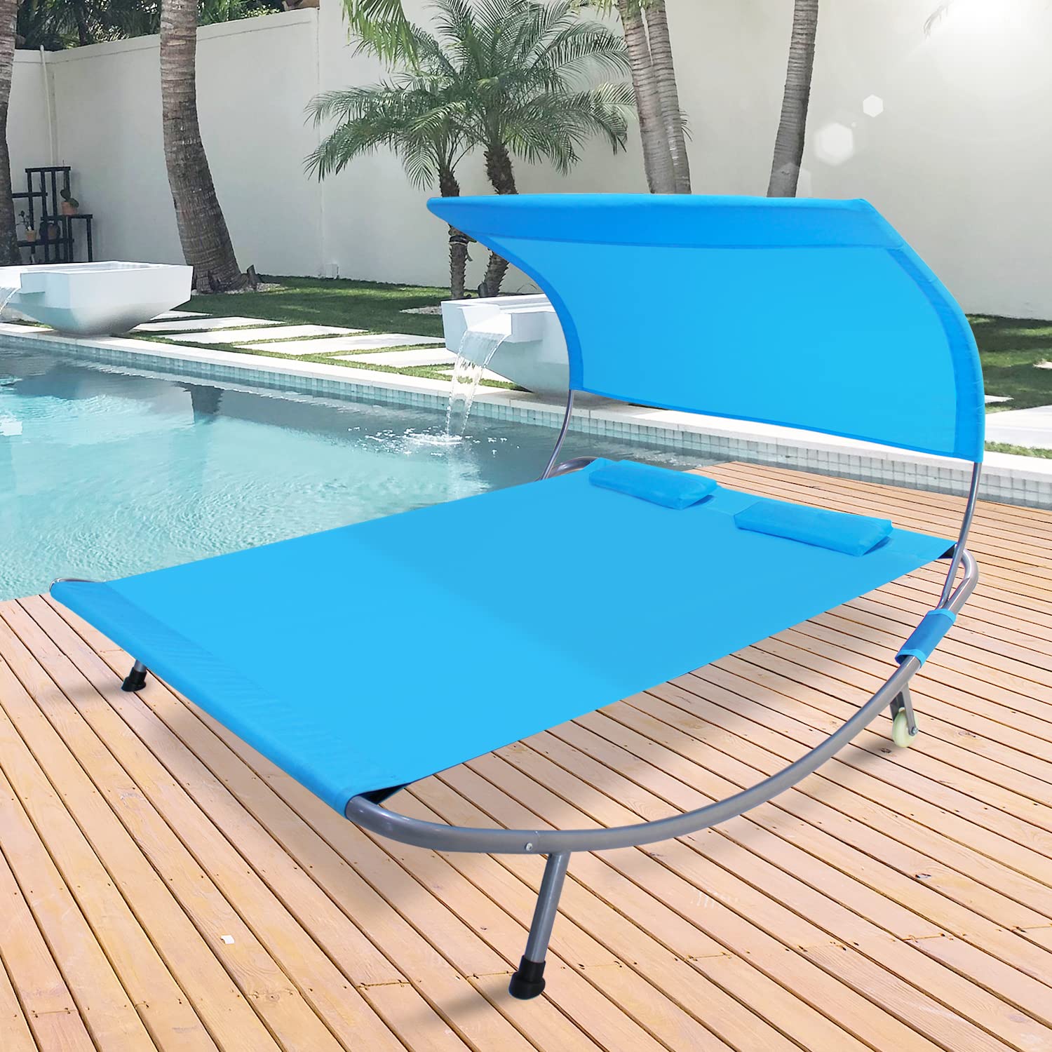 COVERONICS Patio Double Chaise Lounge Bed with Canopy,Headrest Pillow and Wheels,Portable Outdoor Hammock Bed for Patio, Yard, Pool (Beige)
