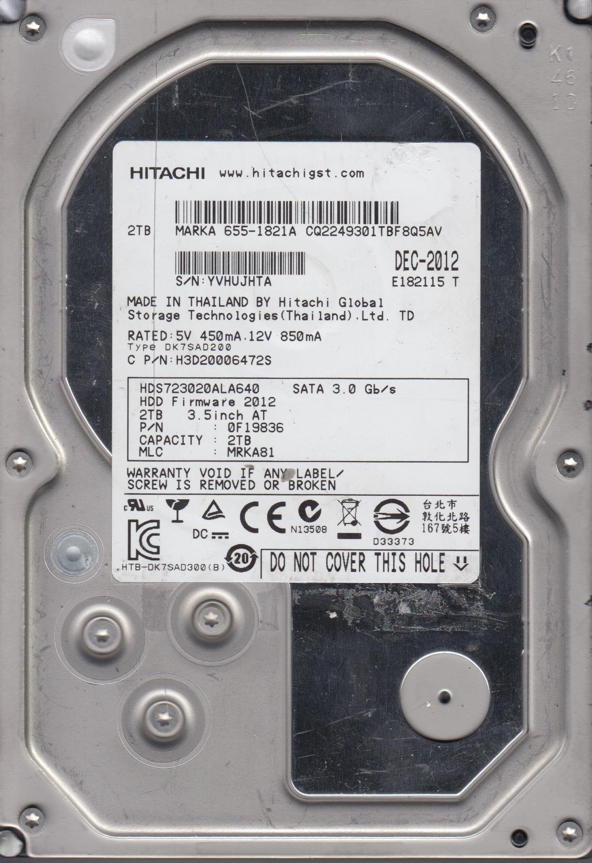 HDS723020ALA640, PN 0F19836, MLC MRKA81, Hitachi 2TB SATA 3.5 Hard Drive