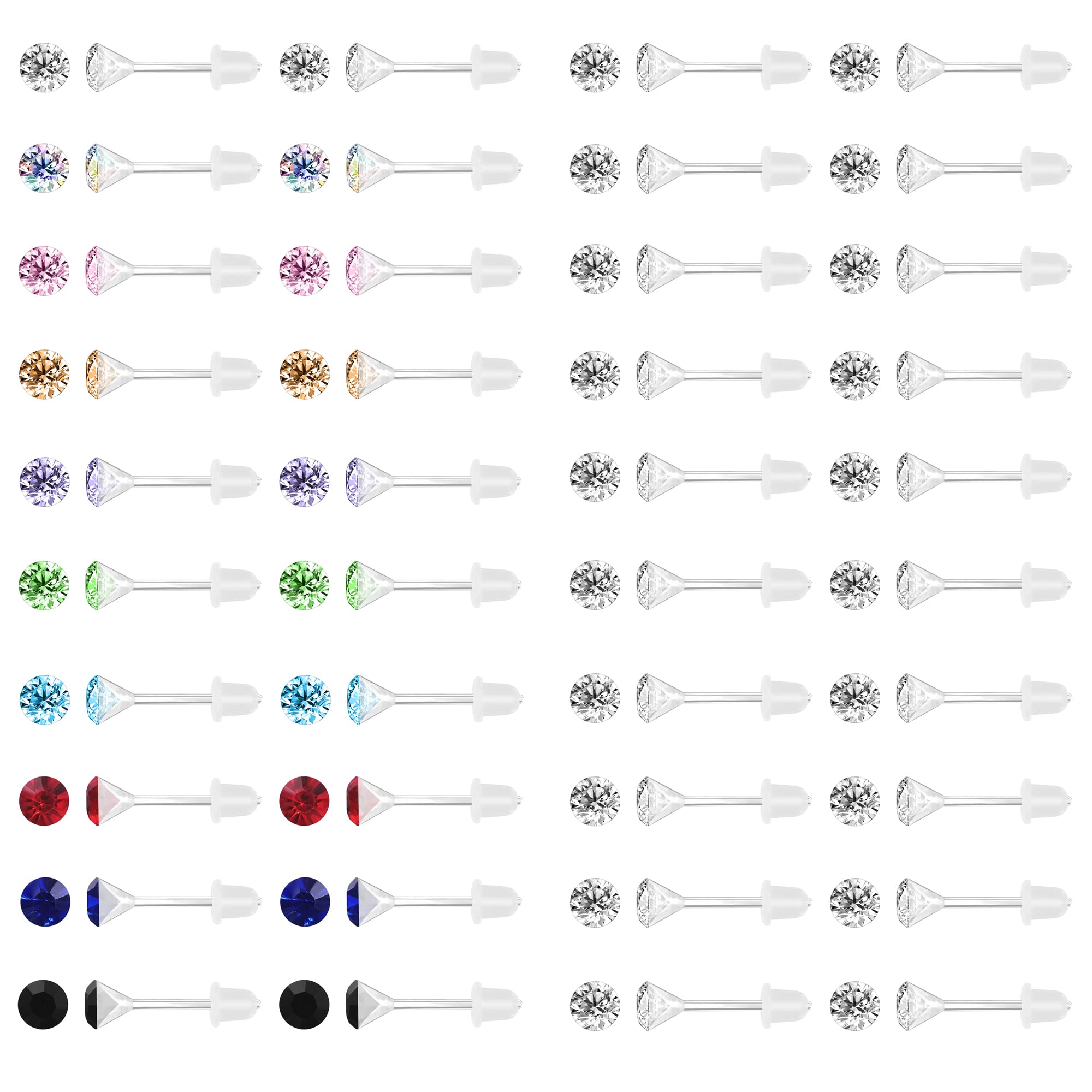 AoedeJ 80 Pcs Colorful Cubic Zirconia Earrings Studs Earrings Plastic Earrings For Sensitive Ears Hypoallergenic Earrings for Women (White 5mm)