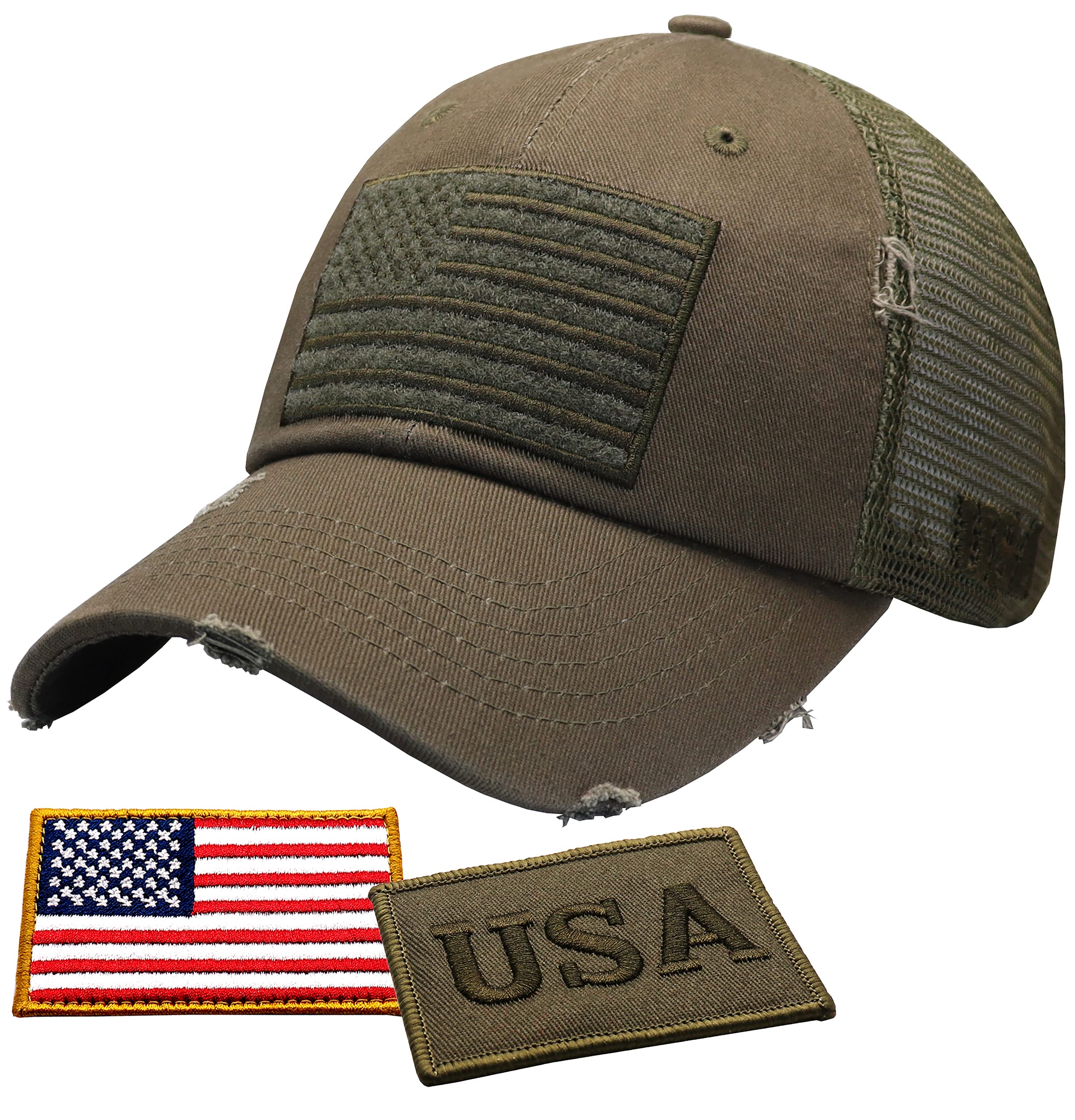 Antourage American Flag Unconstructed Hat for Men and Women Twill Mesh Snapback Baseball USA Flag Cap + 2 Patriotic Patches ((02) Olive Distressed Mesh Snapback)