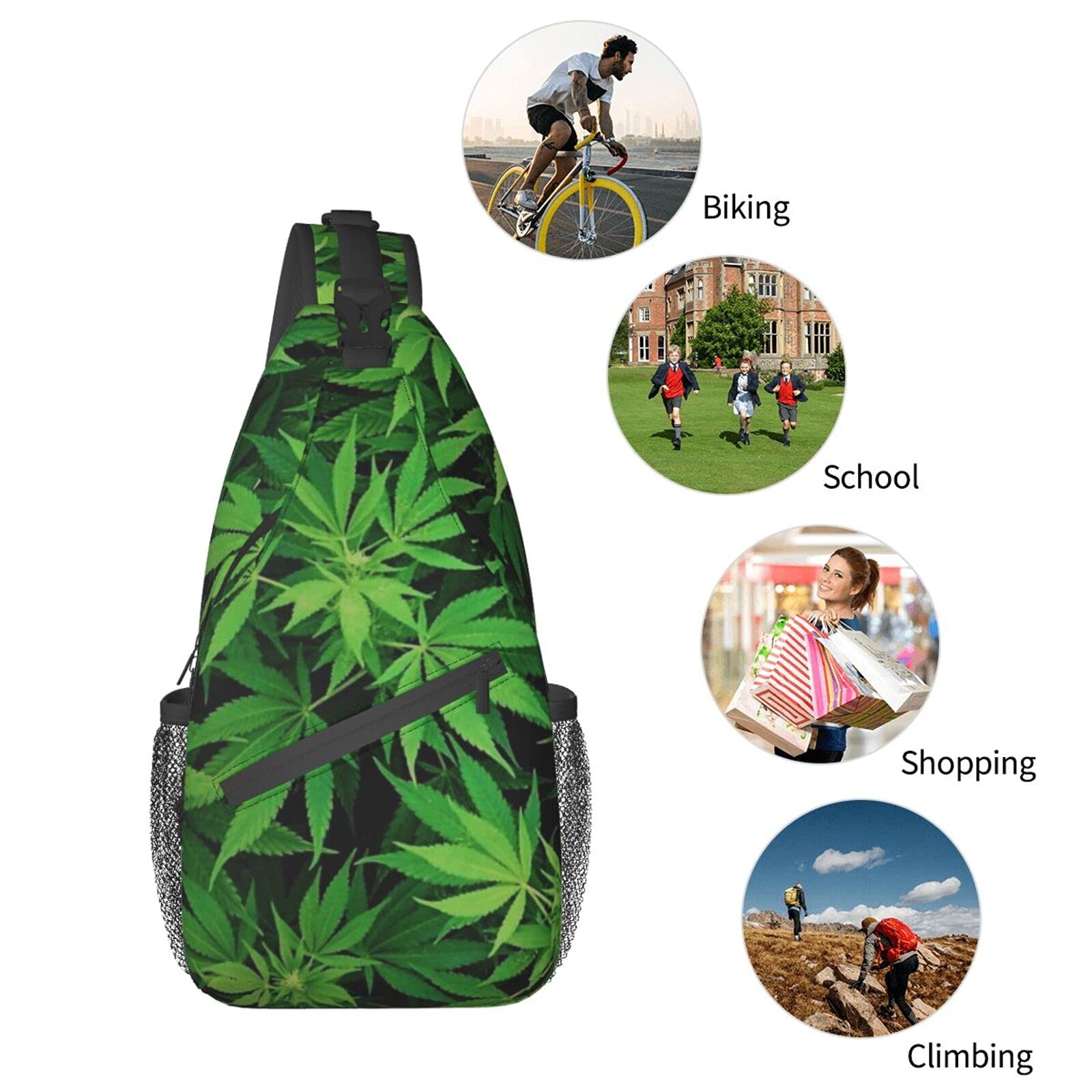 AMRANDOM Anti-Theft Crossbody Backpack Cannabis Leaf Green Weed Marijuana Sling Shoulder Bag for Men Women, Durable Adjustable Gym Bag Cycling Traveling Hiking Daypack, One Size