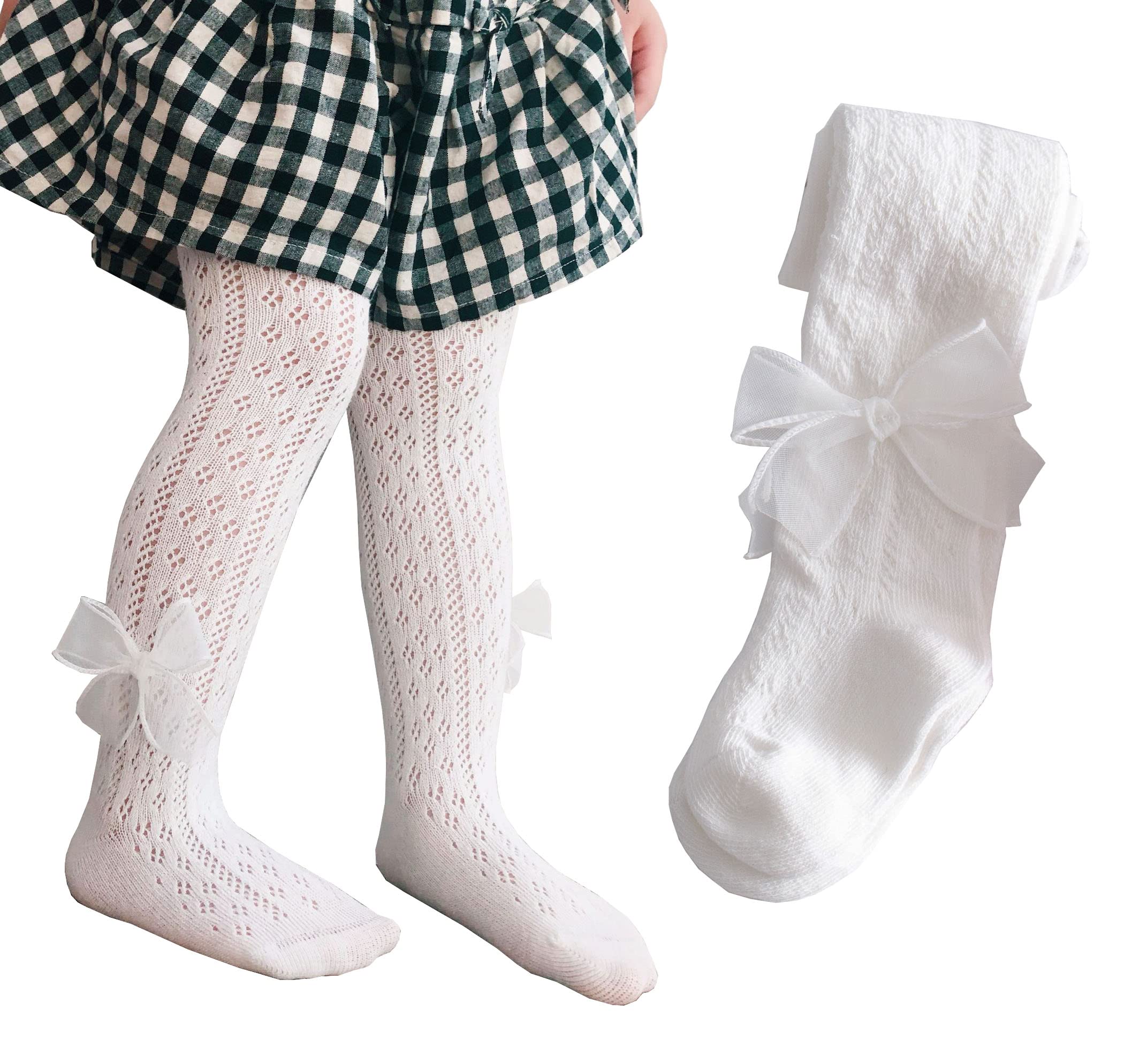 CHUNG Baby Girls Cotton Tights Thin Hallow Summer with Bowknot Lace Fashion Toddler Crochet Footed Legging (1-2 Years, White)