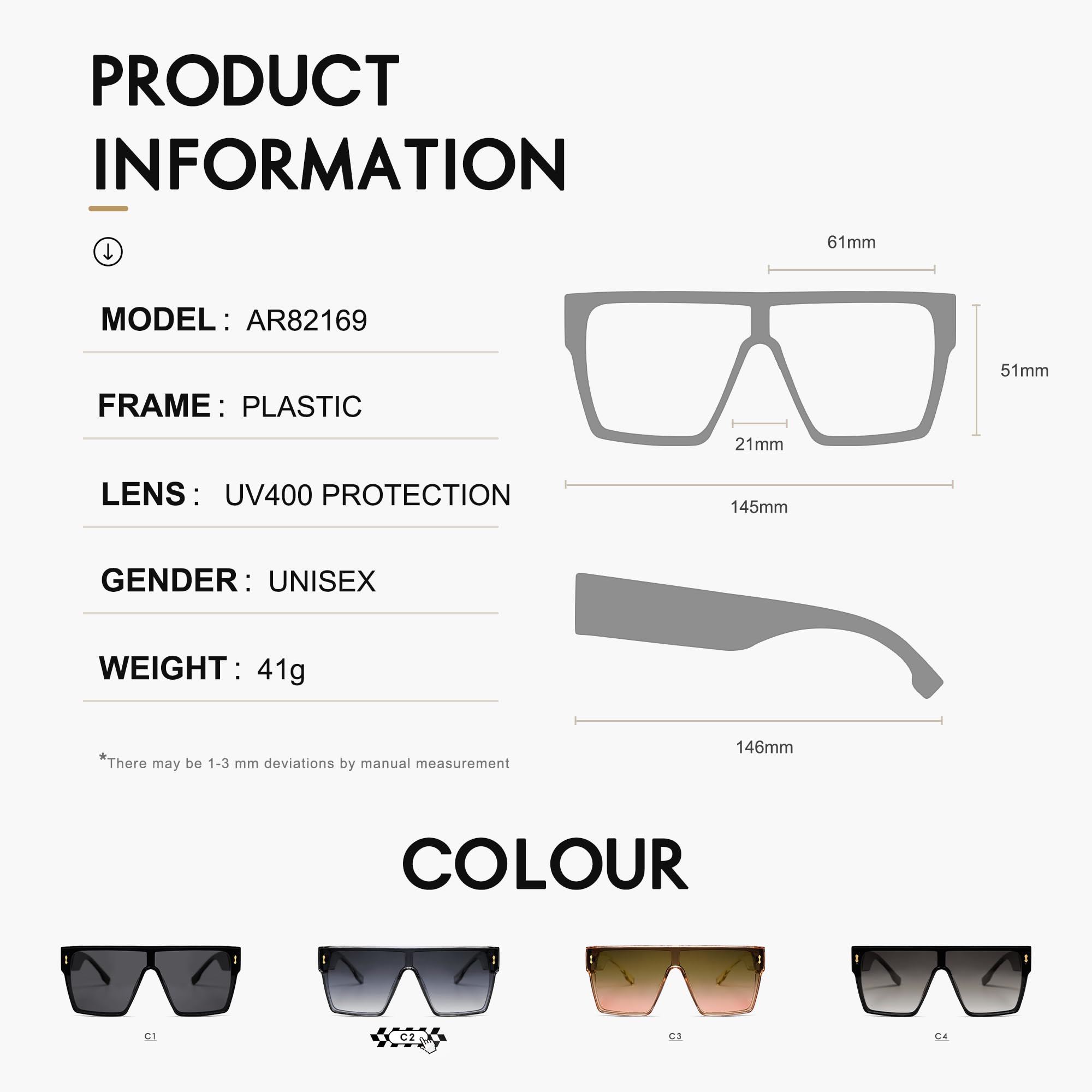 Allarallvr Oversized Trendy Square Sunglasses For Women Men Rectangle Fashion Sun Glasses AR82128