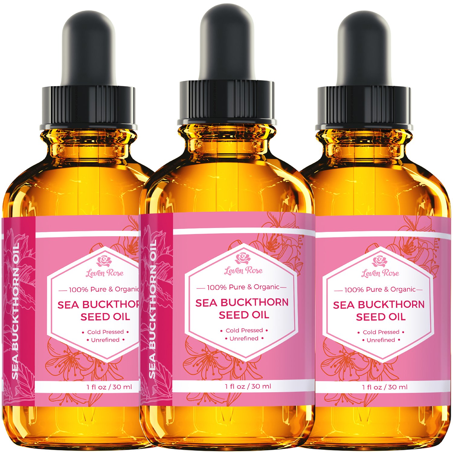 Leven Rose Sea Buckthorn Seed Oil, 100% Pure Unrefined Cold Pressed Anti Aging Acne Treatment for Hair Skin and Nails (1 oz)