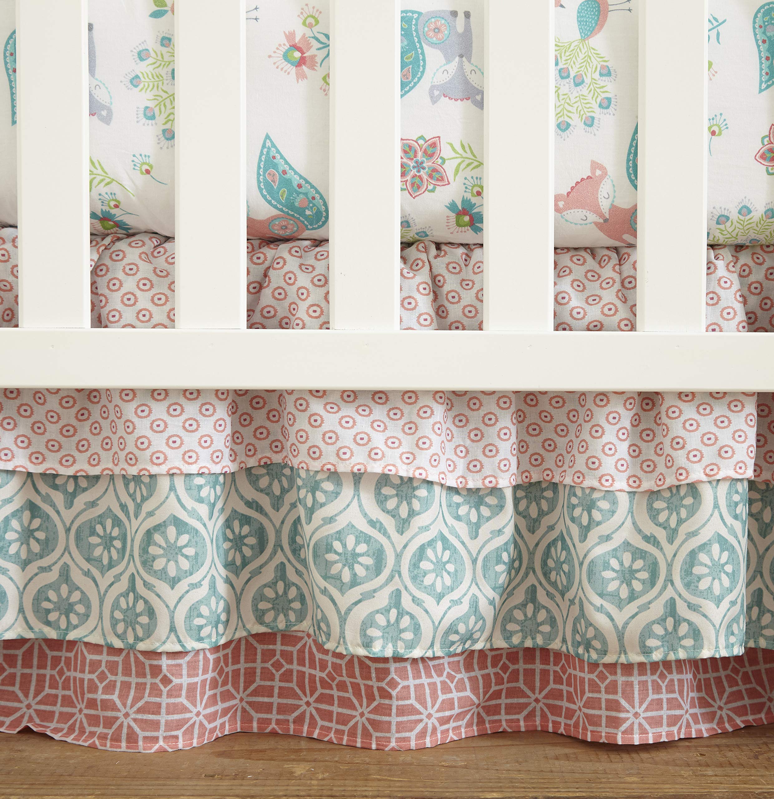 Levtex Baby - Fiona Crib Bed Set - Baby Nursery Set - Pink, Teal, and White - Woodland Forest Theme - 5 Piece Set Includes Quilt, Two Fitted Sheets, Wall Decal & Skirt/Dust Ruffle