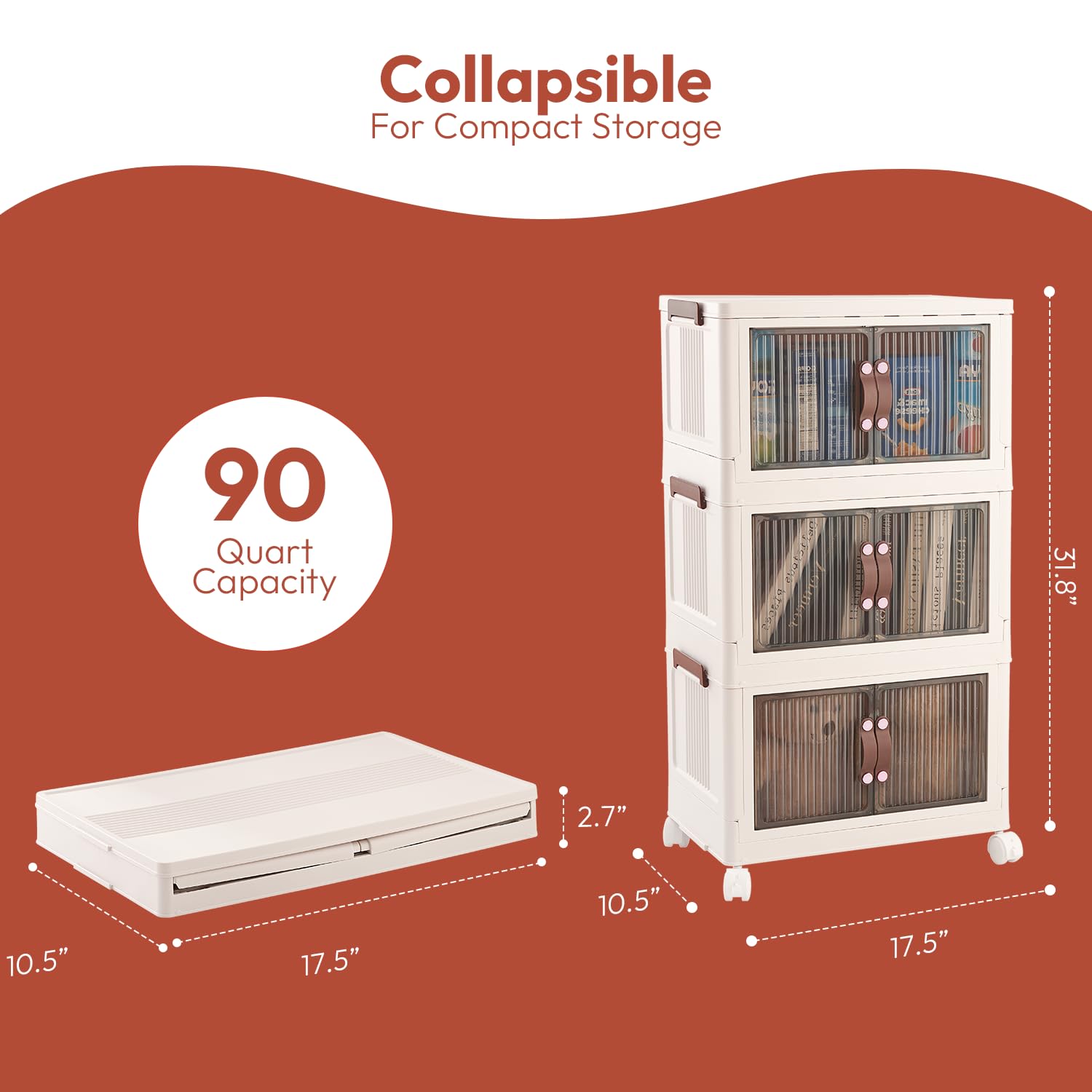 PROKTIK 30 QT 3 Tier Folding Storage Bins with Doors – Magnetic Door Foldable Storage Cabinet - Folding Storage Box with Leather Handles - Stackable and Collapsible Storage Container for Books, Pantry