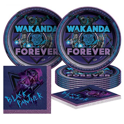 amscan Black Panther Wakanda Forever Dinnerware Bundle - 8 Purple Blue Dinner Plates (9"), 16 Luncheon Napkins (6.5"), Happy Birthday Banner 10 Ft - Decorations Supply Set Bulk Paper Marvel Theme