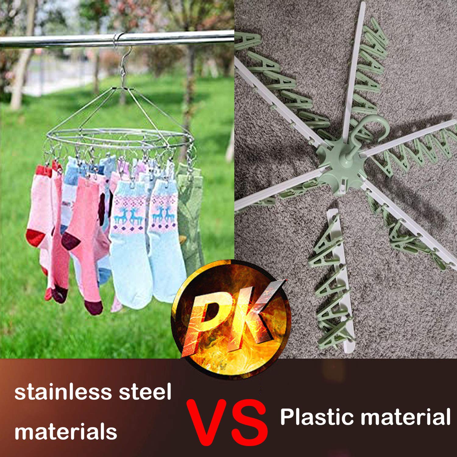 CenYouful 2 Pack Stainless Steel Round Hanging Drying Rack with 20 Clips for Drying Socks, Baby Clothes, Bras, Towel, Underwear, Hat, Scarf, Pants, Gloves